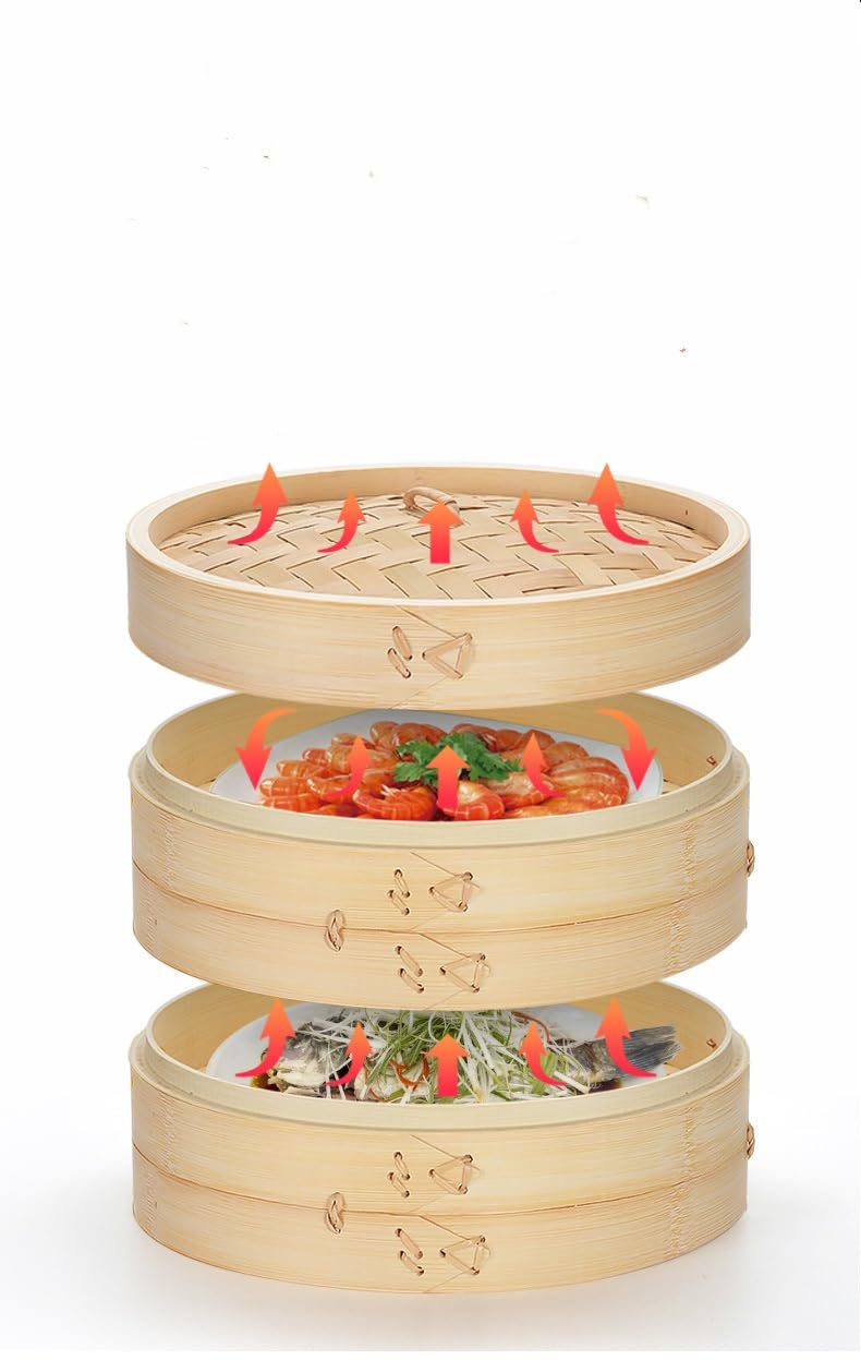 Florauspicious Bamboo Steamer Handmade Basket, Traditional 2-Tier Design - for Dumplings, Rice, Dim Sum, Vegetables, Fish and Meat - Incl. 2 Cotton Cloths (6-Inch)