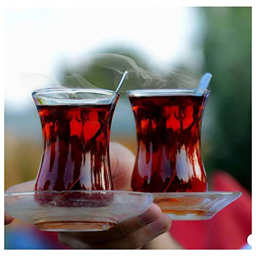 UMS Turkish Tea Glass Set - Slim Waist Design and Thick Sole Prevent Tea From Getting Cold, Easy to Keep for 6 People, 6 Saucers, 6 Glasses, Useful Tea Set (12 Pieces)