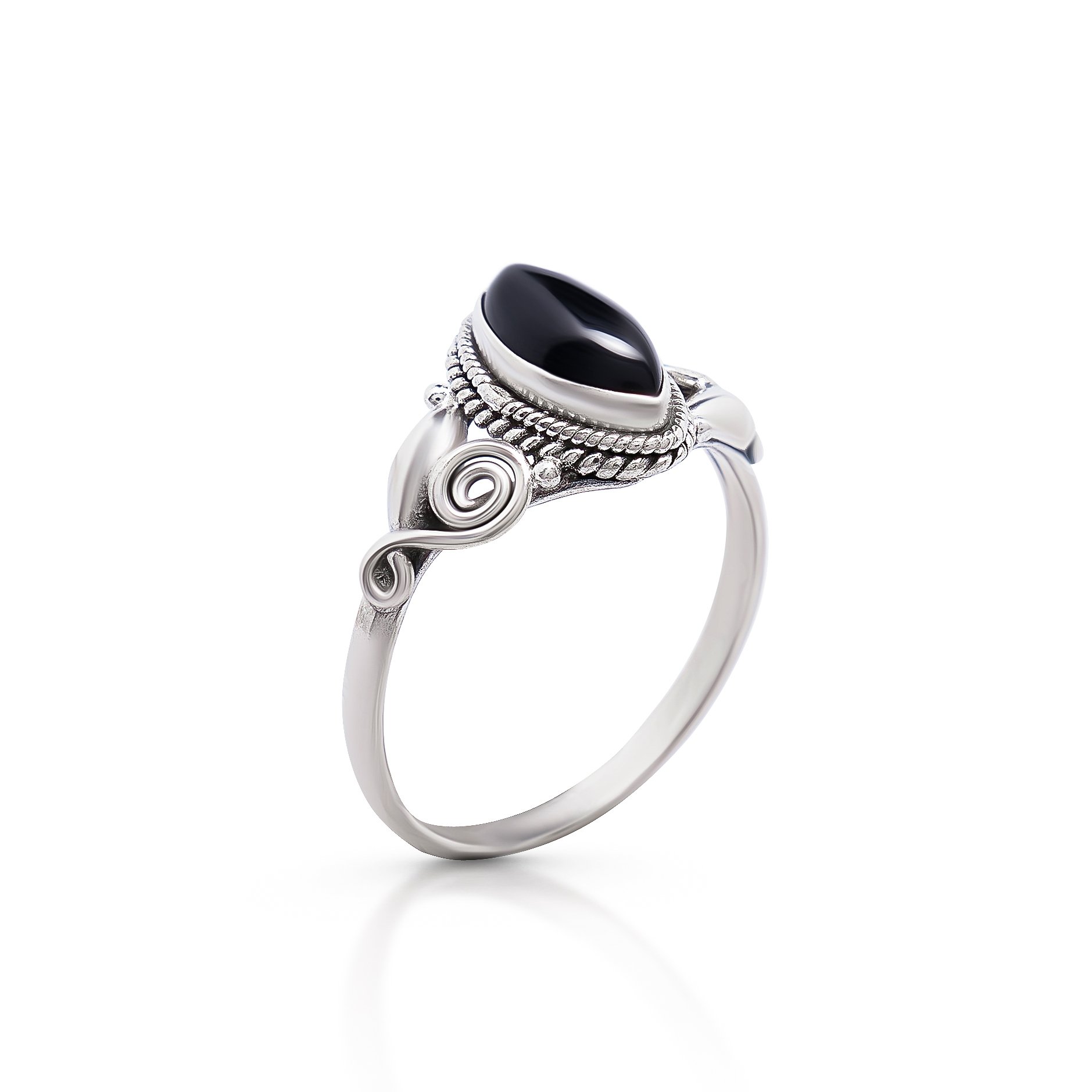 Black Onyx Vintage Gipsy Spiral Side Small Ring 925 Sterling Silver Boho Chic US Size 5 6 7 8 9 (9)