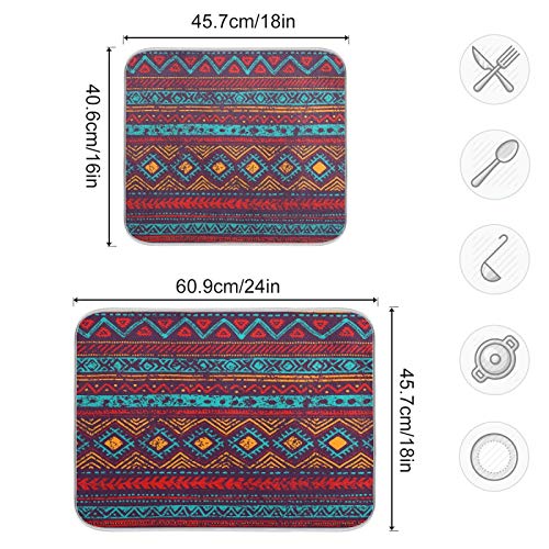 Texture Ethnic Dish Drying Mat 16"x18" Absorbent Machine Washable Hanging Fast Dry Pad Dish Protective Mat for Kitchen Countertop Heat Resistant Dinner Table Mat