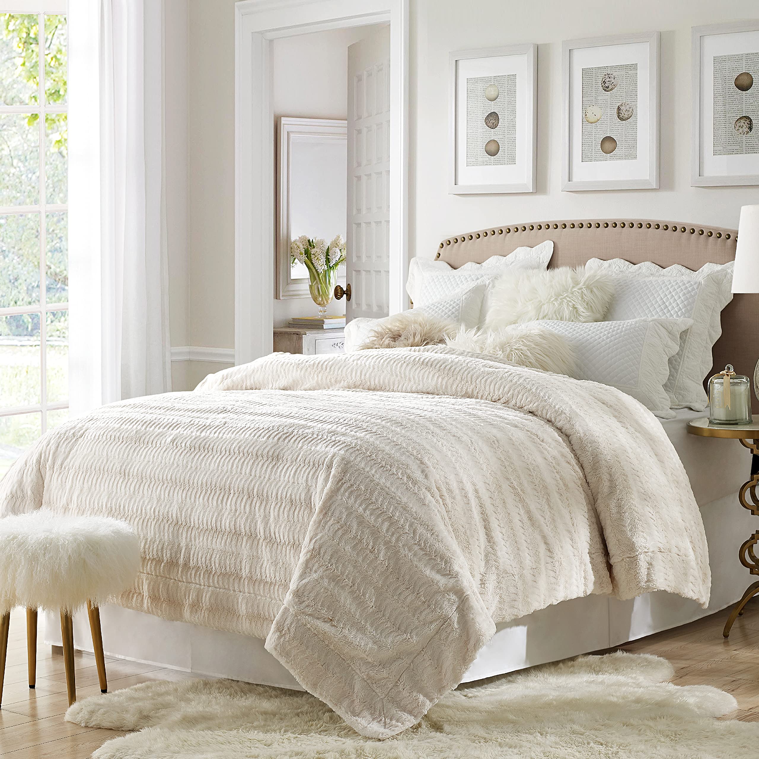 Cathay Home Luxe Faux Fur Mink Ultra-Soft Embossed Bedding Blanket -King, Cream, 1-Piece Throw/Blanket/Coverlet/Bedspread