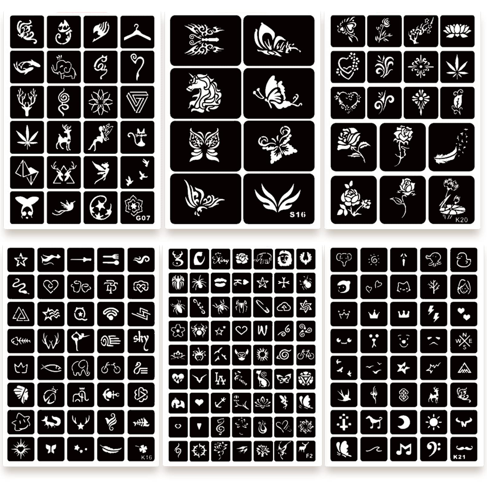 ChurlChurl 575pcs Temporary Tattoo Stencils, 20 Sheets Henna Tattoo Stencil Kit for Women Girls Kids and Boys Face Body Paint DIY Art Reusable Glitter Tattoo Stencils Pack