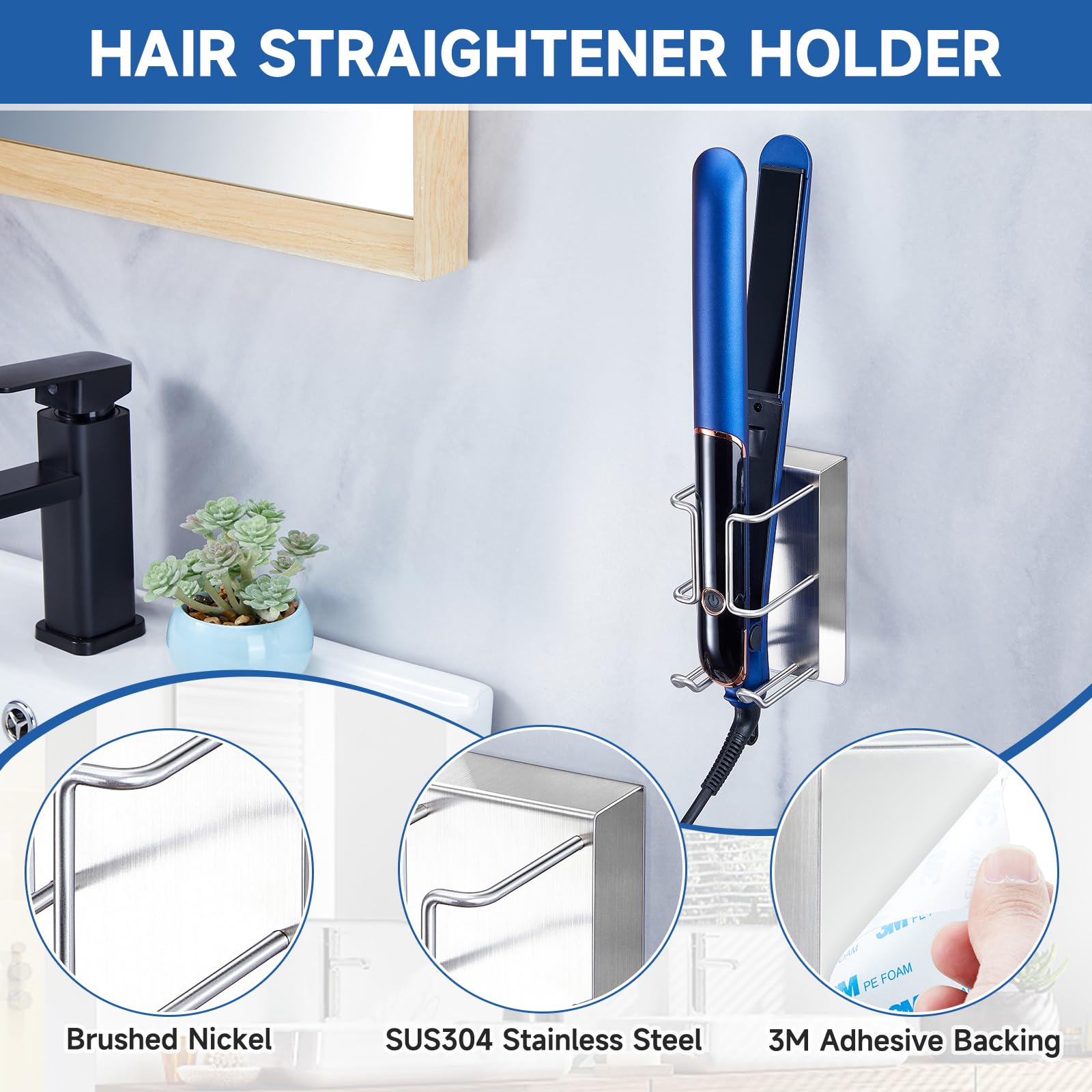 Hair Dryer Holder, XILIMEN Wall Mounted No Drilling Required Straightener Holder, Stainless Steel Curling Iron Holder for Bathroom Bedrooms(Silver)
