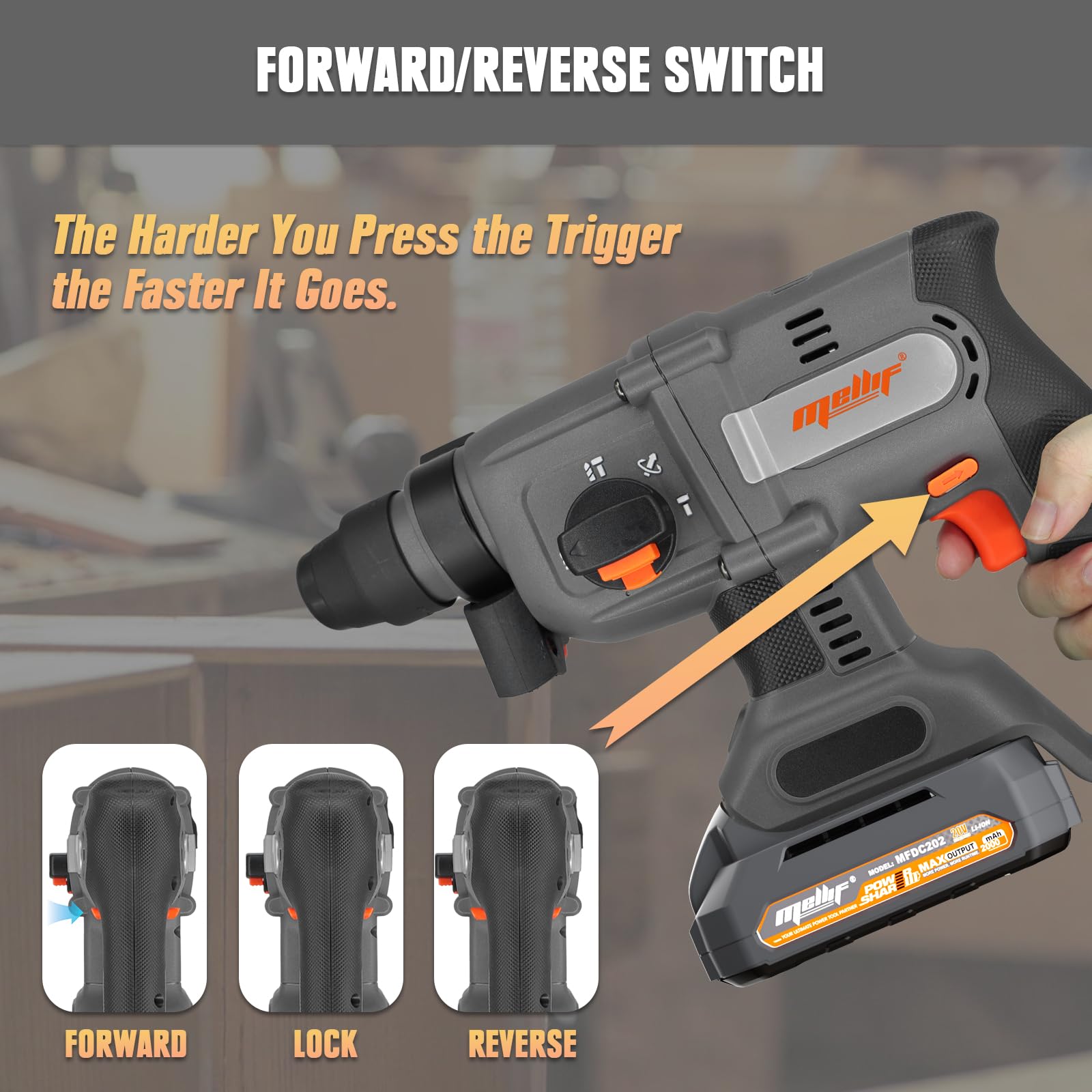 Mellif Brushless Rotary Hammer Drill Compatible with Dewalt 20v Max Battery, 1 1/8 in SDS Plus 1,400RPM, Heavy Duty Safety Clutch, 4 Modes for Concrete, Masonry, Wood, Metal (Tool Only)
