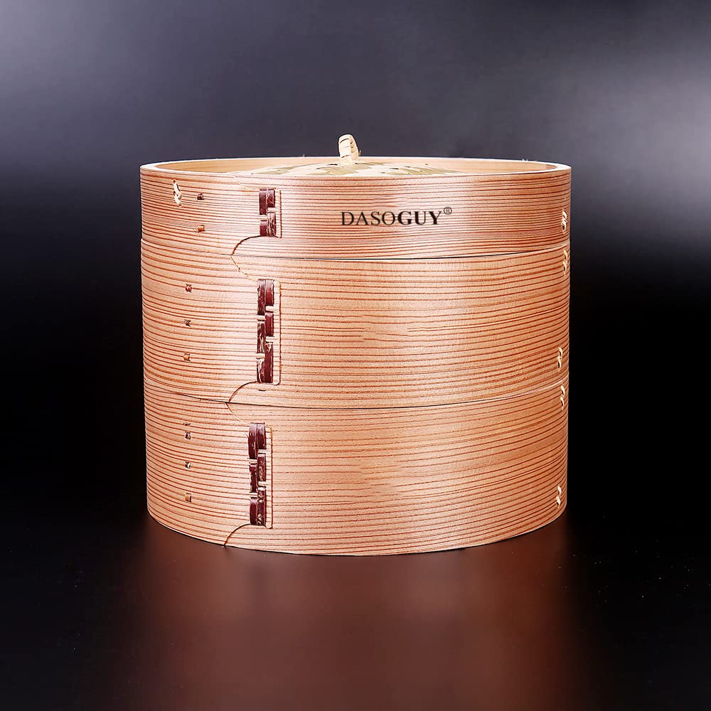 Dasoguy Deepen 10.2 Inch Handmade Wood Steamer with Stainless Steel Rings, 2 Tiers Steam Basket for Dumpling Dim Sum Bun Rice Chinese Food, Present 2 Cotton Liners