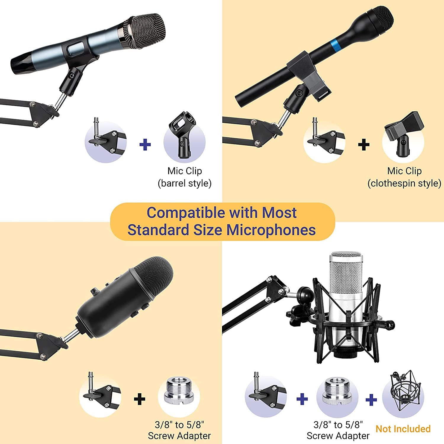 CAHAYA Microphone Arm Stand Suspension Boom Scissor Phone Stand with Pop Filter 2 Mic Clips and 3/8" to 5/8" Adapter Adjustable Suspension Boom Scissor Microphone Stand White