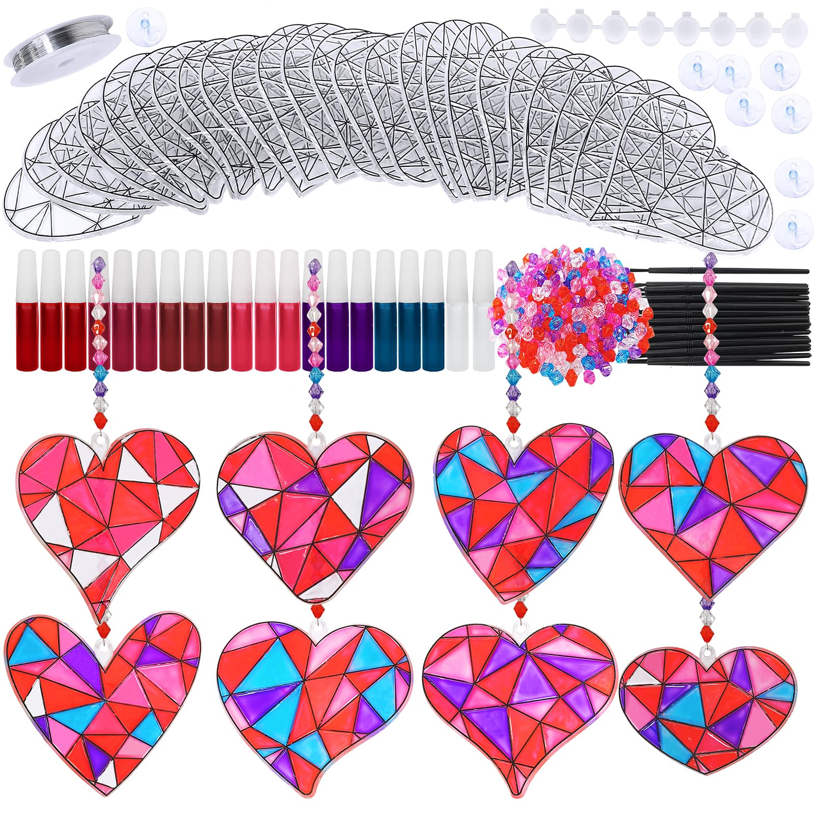 Winlyn 24 Sets Heart Suncatchers Ornaments Decorations DIY Window Paint Art Stickers Crafts Heart Sun Catchers Kits for Kids Valentine's Day Pirate-Themed Birthday Activities Party Favors Art Project
