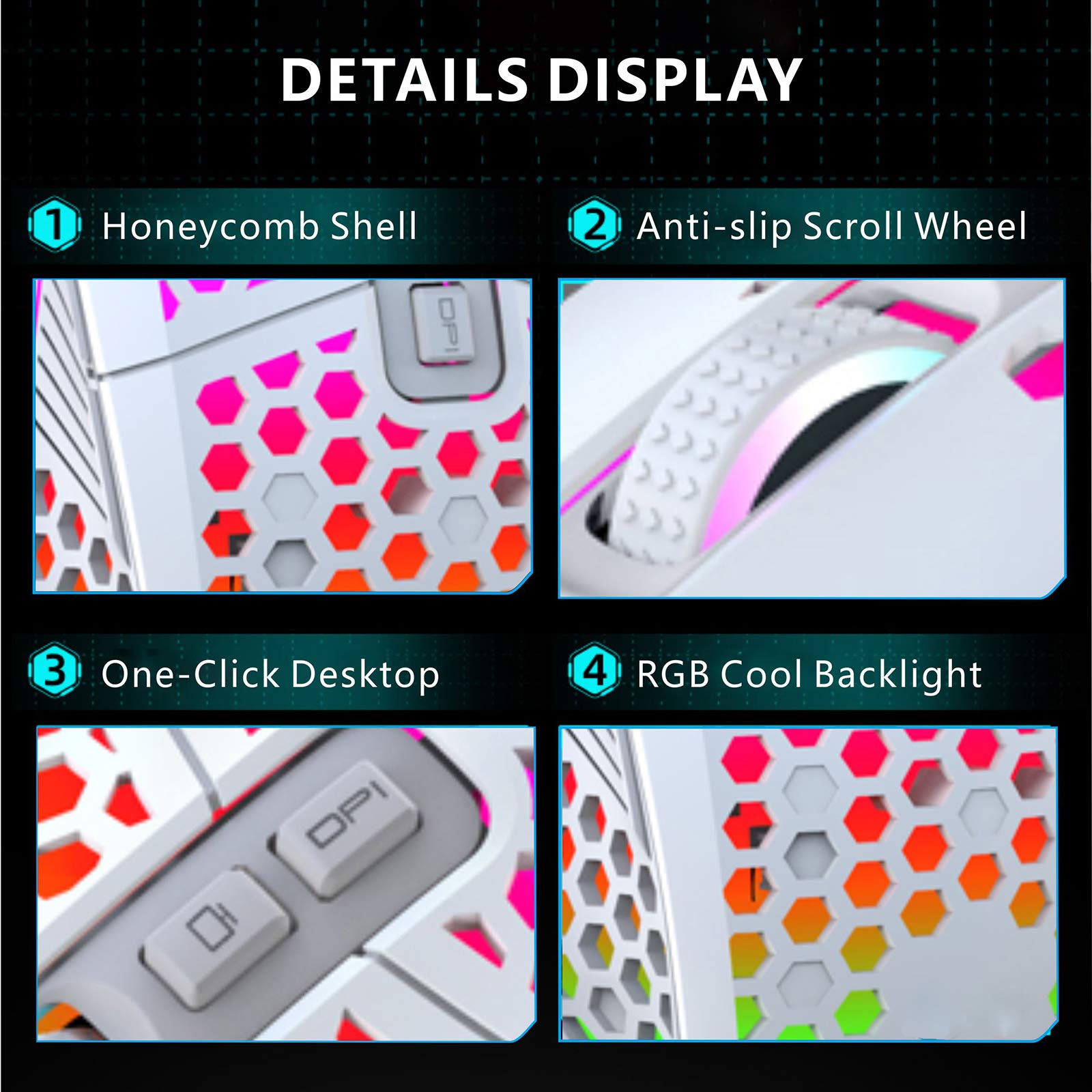 Uiosmuph X801 Wired Gaming Mouse, Honeycomb Lightweight Gaming Mouse with RGB Backlit, 7 Programmable Buttons and One-Click Desktop, 8000 DPI Optical USB Gamer Mouse for Mac, Laptop, Computer - White