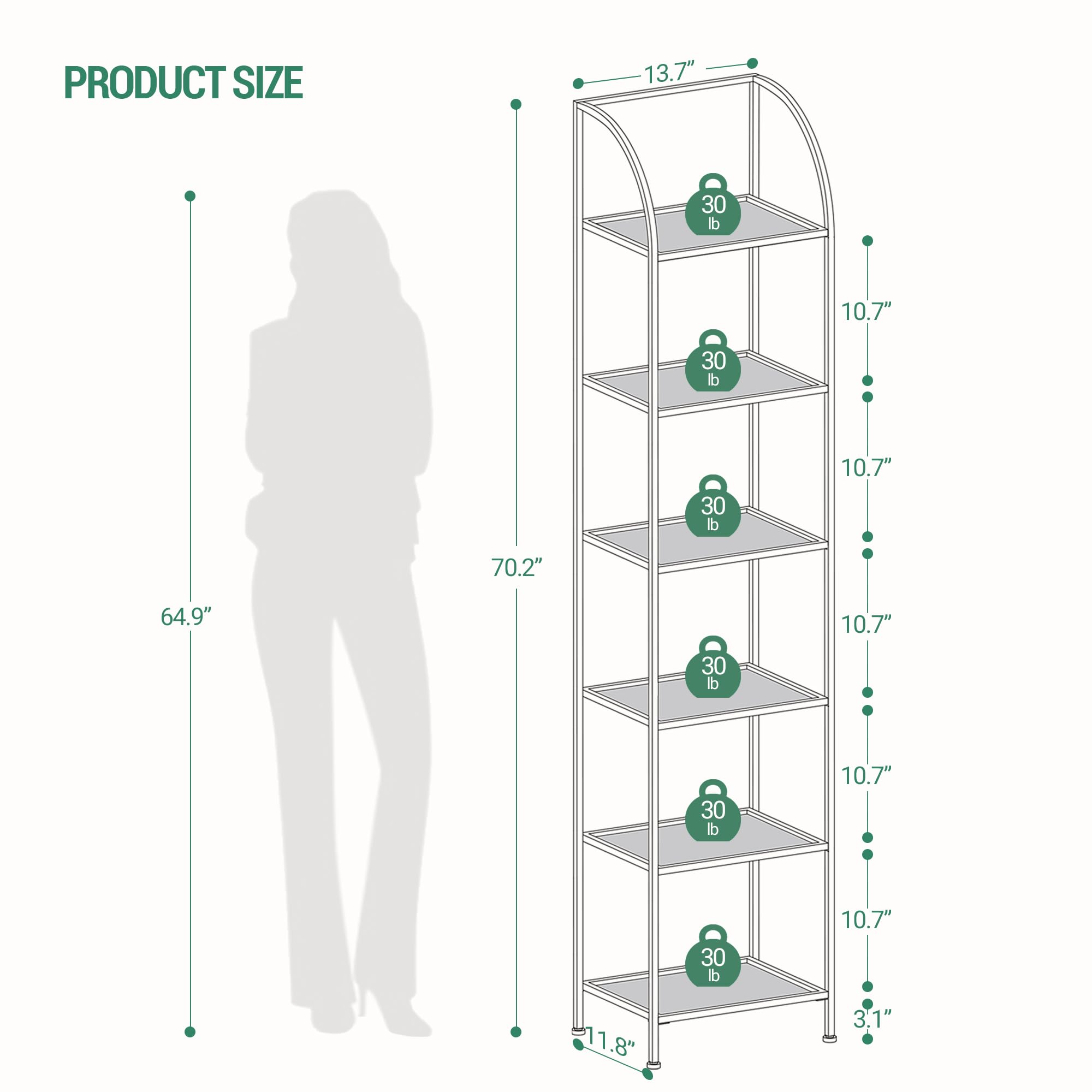 Hzuaneri Bookcase Bookshelf, Tempered Glass Arched Bookshelf for More Storage, Slim Shelving Unit for Bedroom, Bathroom, Home Office, Steel Frame, 6 Tier Gold BC20699G