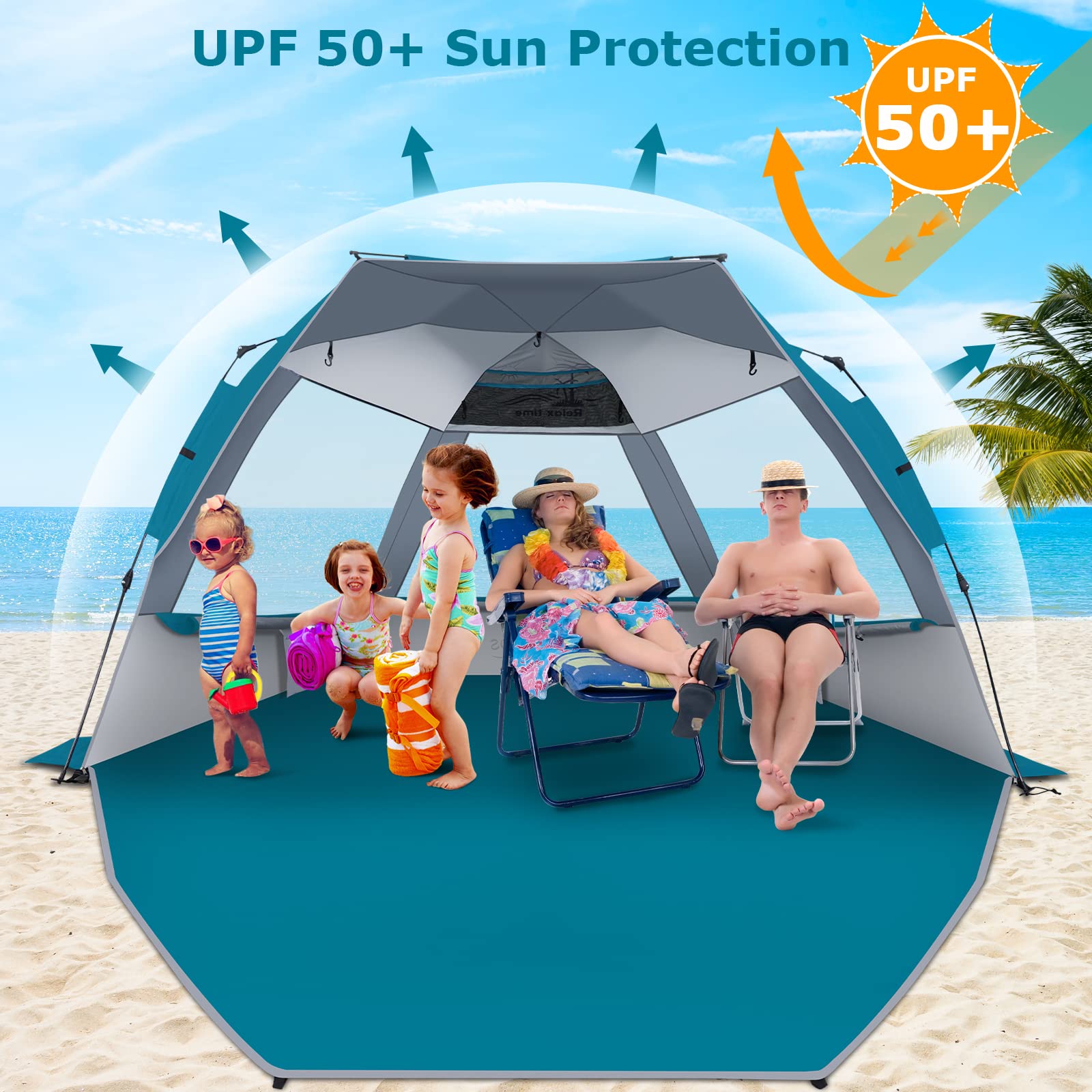COMMOUDS 110" Wide Beach Tent for 5-6 Person, UPF 50+ Instant Beach Tent Sun Shelter, Portable Pop Up Beach Sun Shade, Lightweight and Easy Set Up