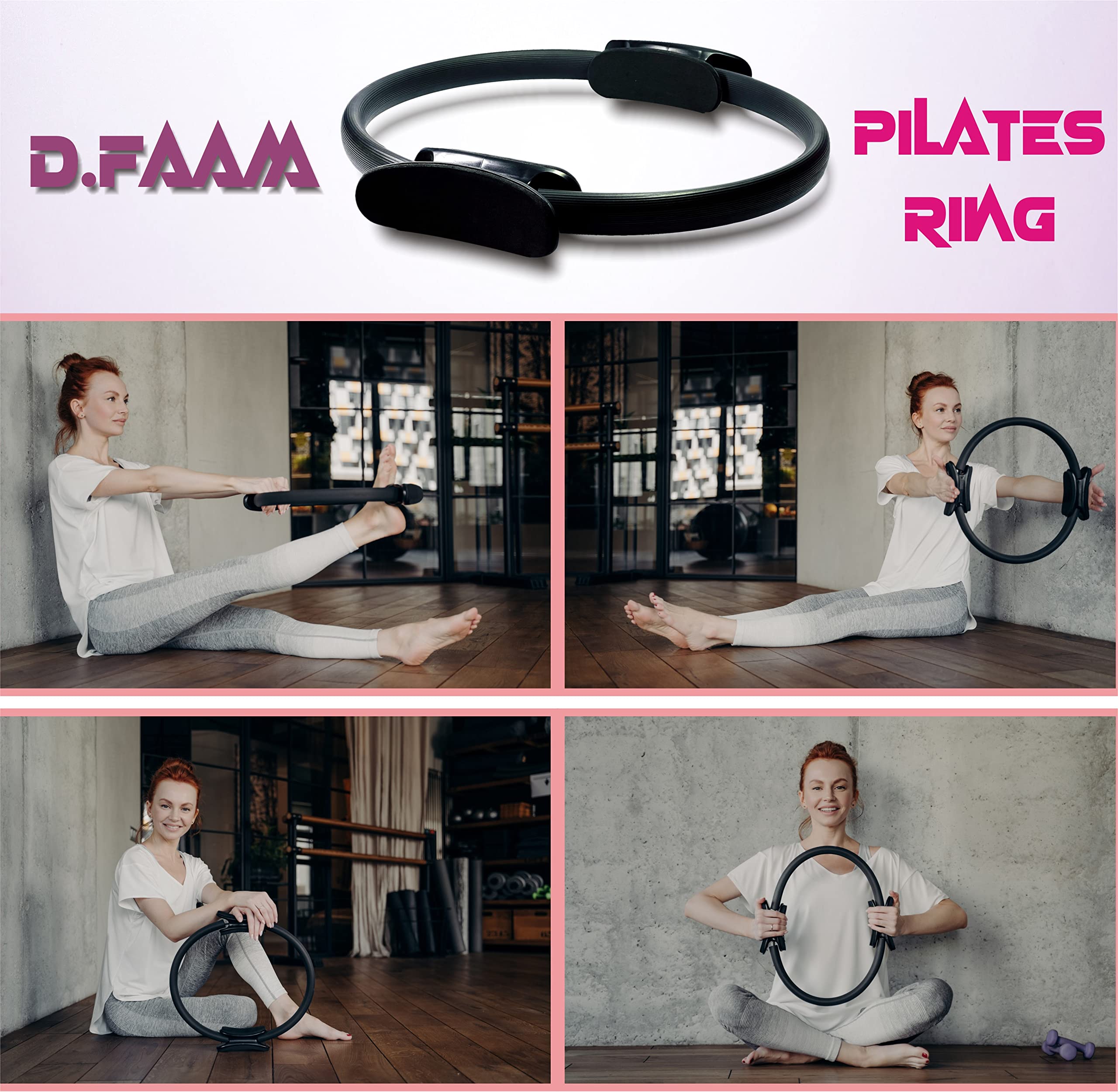 D.FAAM Pilates Ring and Ball Set with 3 Resistance Bands & Socks -14 Inch Pilates Ring Circle with Strap to Improve Strength and Core Stability - Pilates Sets for Women with Non-Slip Socks
