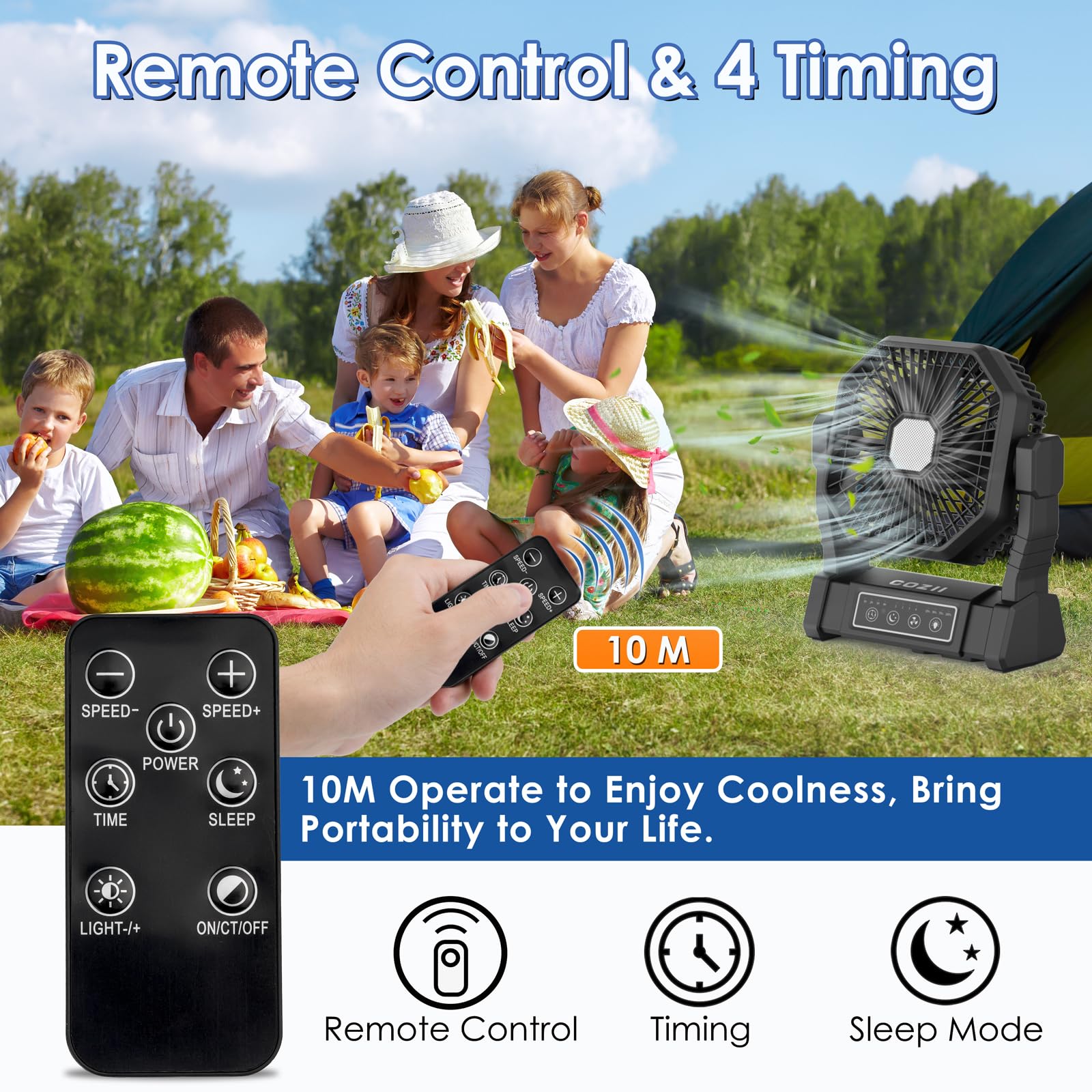 COZII 20000mAh Battery Operated Fan - Camping Fan Rechargeable with 3 Colors Light, 4 Speeds, 4 Timing, Adjustable Head, Portable Battery Powered Tent Fan with Hanging Hook for Picnic, BBQ