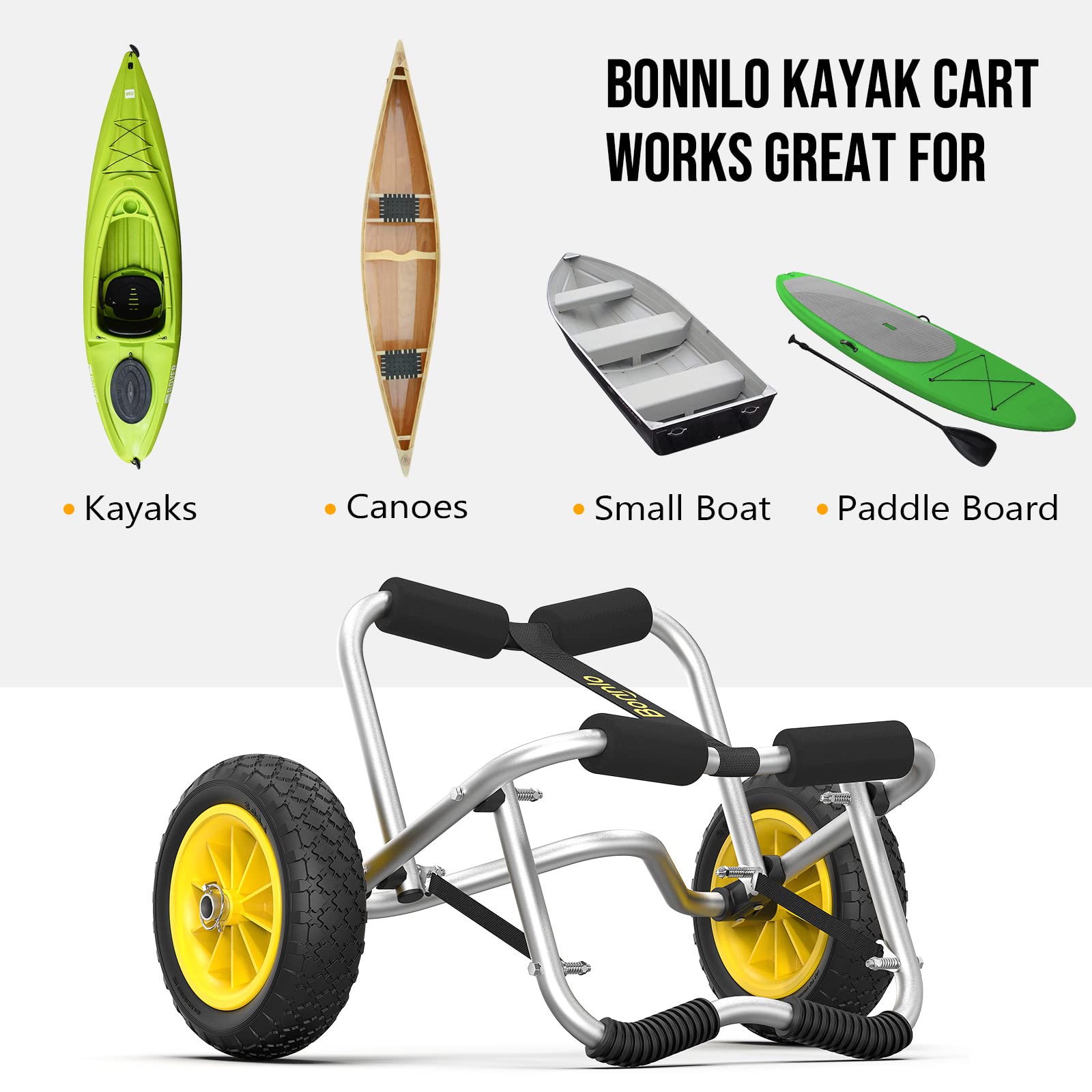 Bonnlo CART-CANOE Kayak Boat Carrier Tote Trolley Transport with 2 Ratchet Straps PU Solid Tires Wheel Yellow