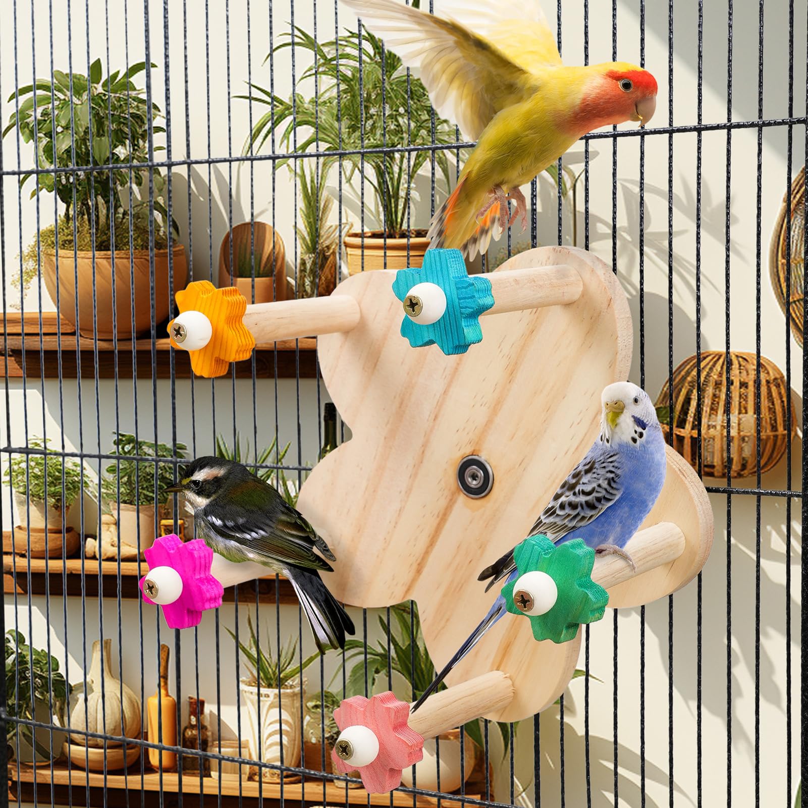 FrgKbTm Wooden Parrots Ferris Wheel Toy with Perches, Bird Toy Rotating Perch Toy, Hanging Bird Stand Cage Accessories for Parakeet Parrot, Cockatiel, Budgerigar,Conure, Lovebirds