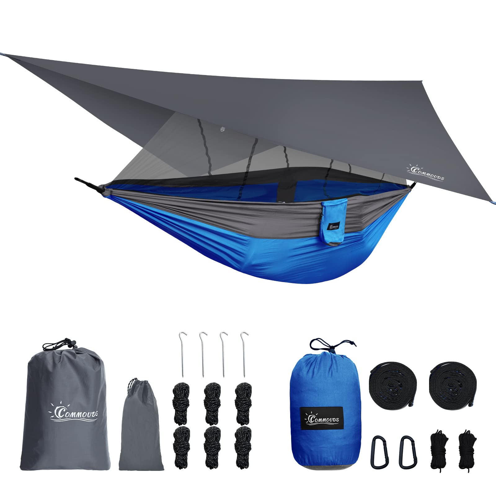 COMMOUDS Camping Hammock with Mosquito Net and Rain Fly, Double Portable Hammock, 2 Person Nylon Parachute Hammock Tent with Tarp & 2 Tree Traps for Backpacking Travel Beach Backyard Patio Hiking