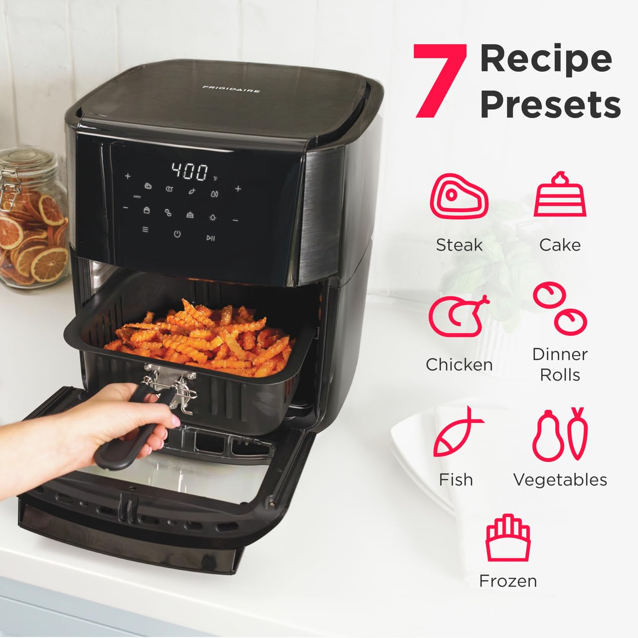 Frigidaire 5 in 1 Large Air Fryer Toaster Oven Combo - 12.6 Qt Total Capacity, 3.7 Qt Basket - 7 Preprogrammed Recipes, Airfryer Accessories Included, Black