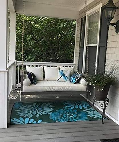 Mad Mats® Outdoor Rug, Reversible Plastic Mat for Patio, Porch, Deck, Kitchen & Bath, Daisy, 4' x 6', Aqua/Green