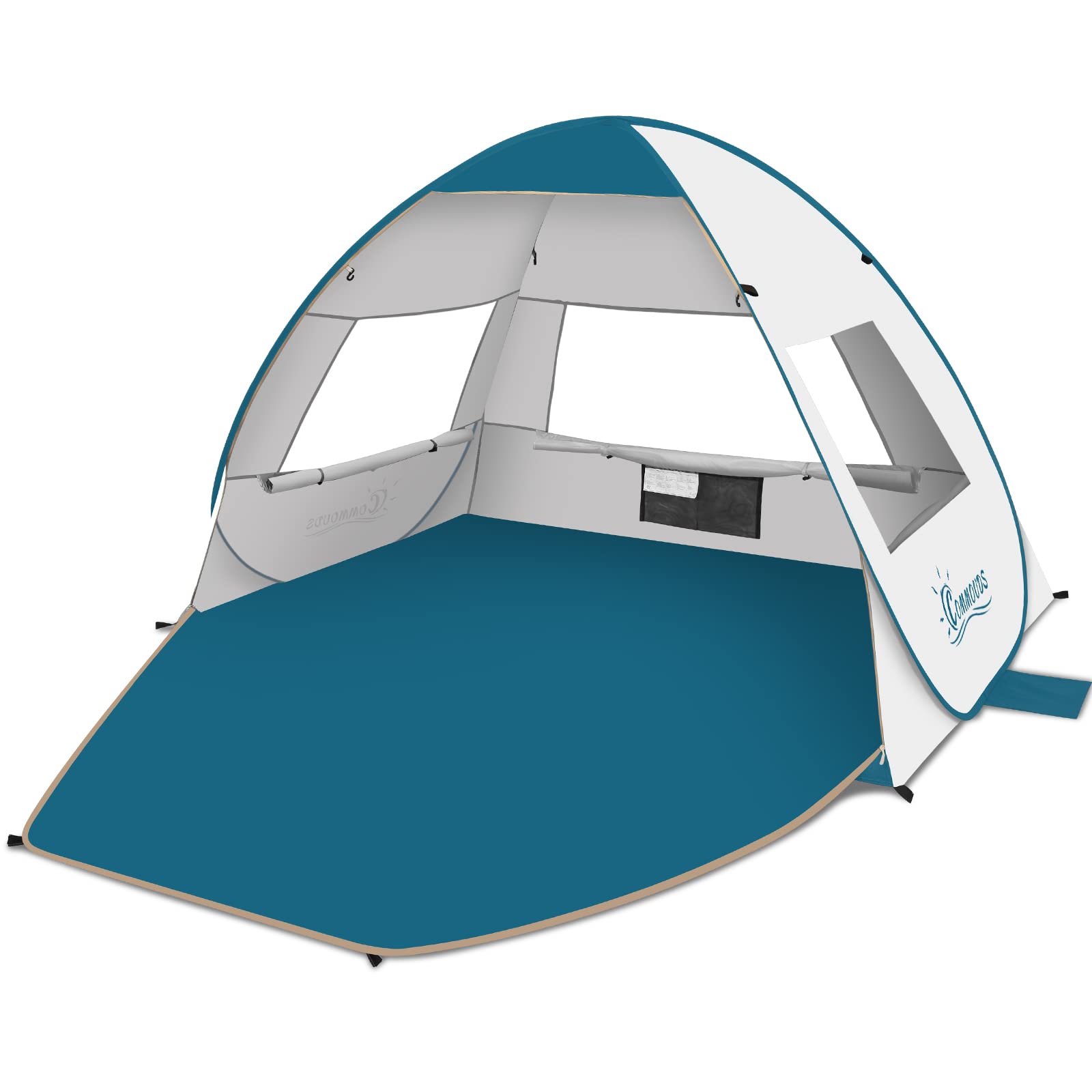 COMMOUDS Large Pop Up Beach Tent for 3-4 Person, UPF 50+ Beach Sun Shade, Automatic Beach Sun Shelter Umbrella with Carry Bag, Lightweight and Easy Set Up