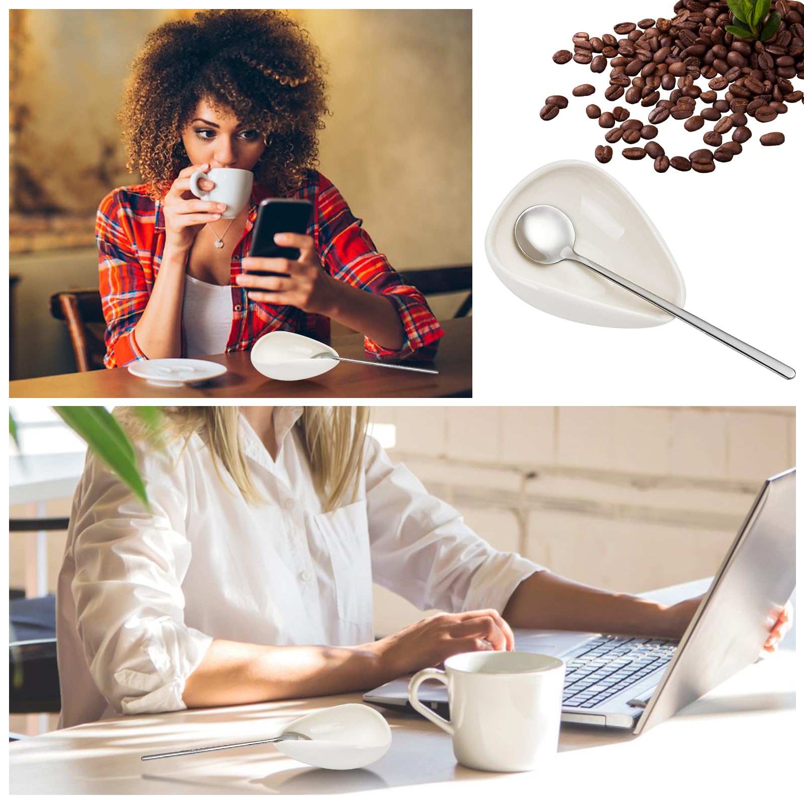 Elesunory Coffee Spoon Rest and Spoon Set of 4- Elegant Ceramic Coffee Spoon Rest for Coffee Bar- Coffee Spoon Holder- Coffee Station Accessories- Best Gift for Coffee Lovers
