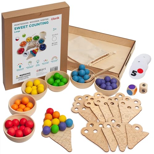 Ulanik Sweet Counting Large Toddler Montessori Toys for 3 Year Old + Kids Wooden Matching Game for Learning Color Sorting and Counting — 60 Balls, 0.98 in