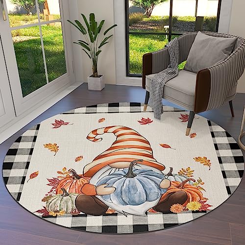 Thanksgiving Plaid Round Area Rug 3ft,Washable Outdoor Indoor Carpet Runner Rug for Bedroom,Kitchen,Living Room,Office,Area+Rug Small Bath Door Desk Floor Mat Buffalo Check Gnome Pumpkins Black Beige