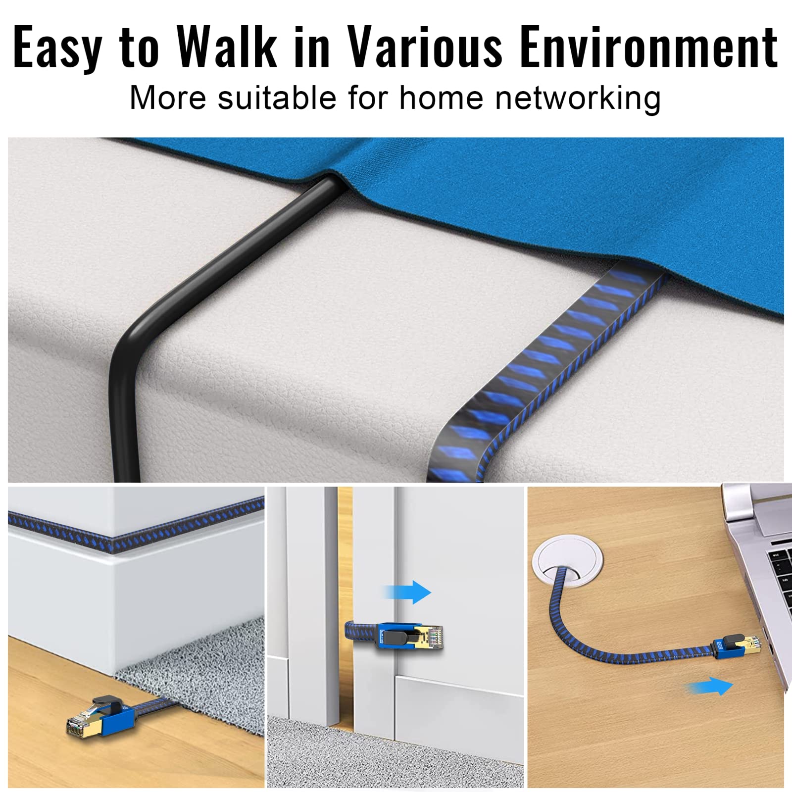 LEKVKM Cat 8 Ethernet Cable 50 FT High Speed Long Internet Cable Nylon Braided Network Cable RJ45 Connectors SSTP Shielded Flat LAN Cable Cat8 ethernet Cables 50feet for PC