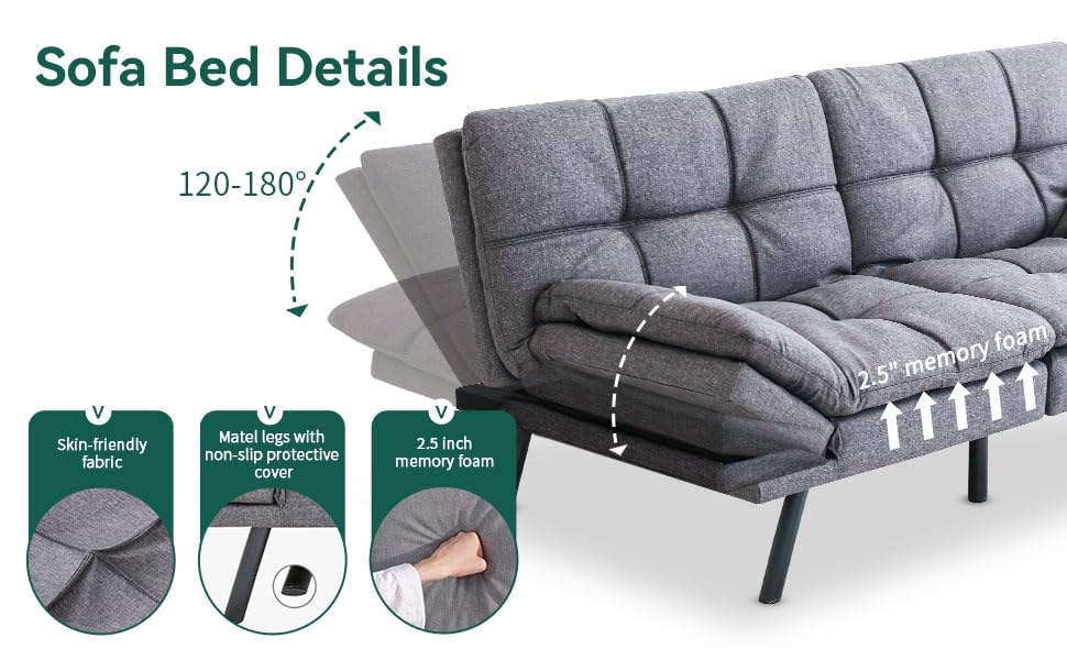 Hcore Futon Bed, Gray Mid-Century Modern Memory Foam Loveseat Sofas, French Grey