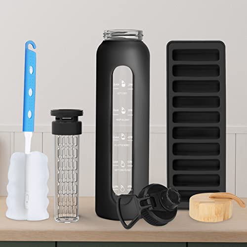Sursip 32oz Glass Water Bottle with Time Marker and 2 Lids-Spout Lid/Bamboo Lid,Reusable motivational Glass Water Drinking Bottles with Silicone Sleeve/Ice Tray/Fruit box,Leak Proof BPA Free
