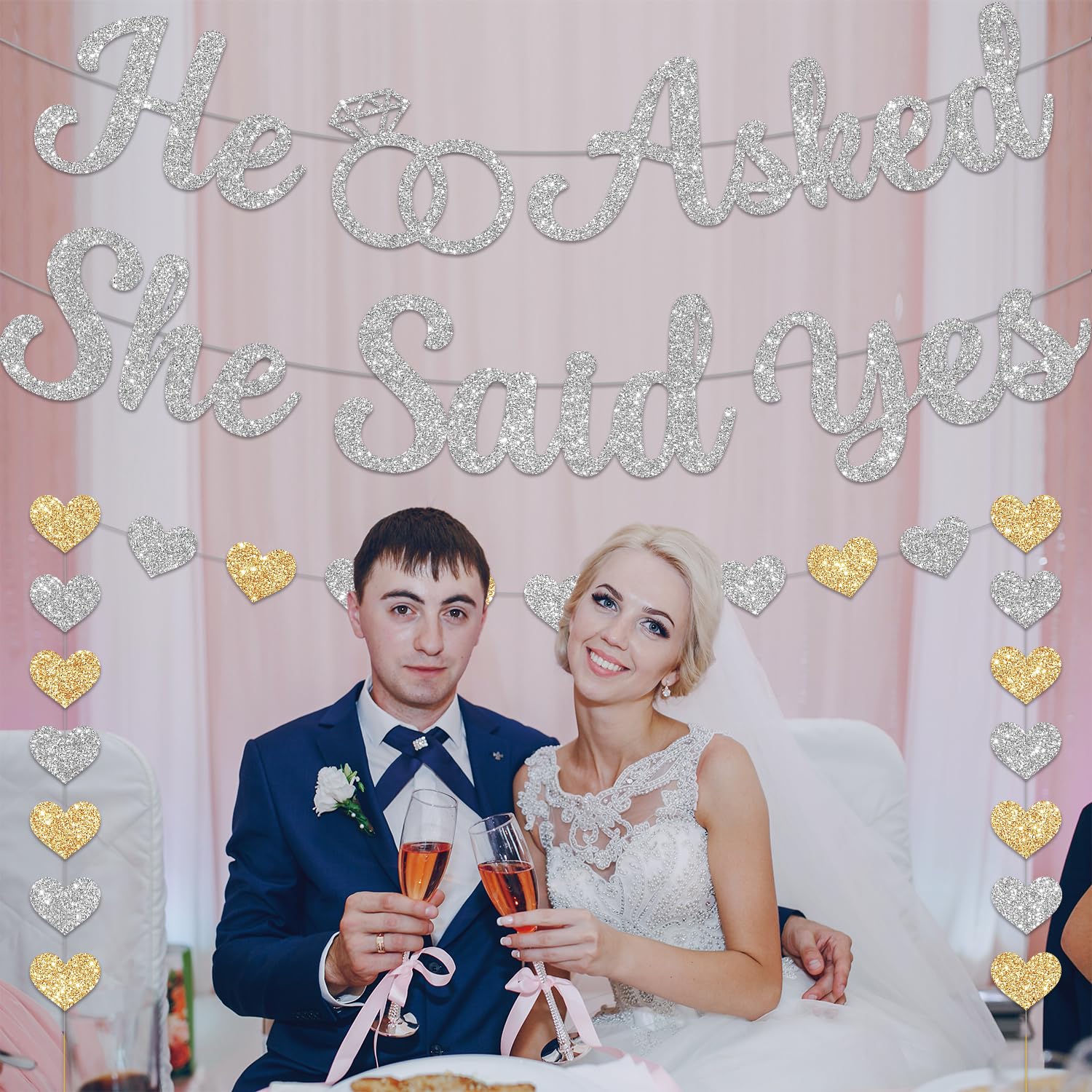 He Asked She Said Yes Banner Silver Glitter, No-DIY She Said Yes Decorations Banner with Heart Garland, Engagement Party Decorations Silver for Wedding Engagement Bridal Shower Party Decorations