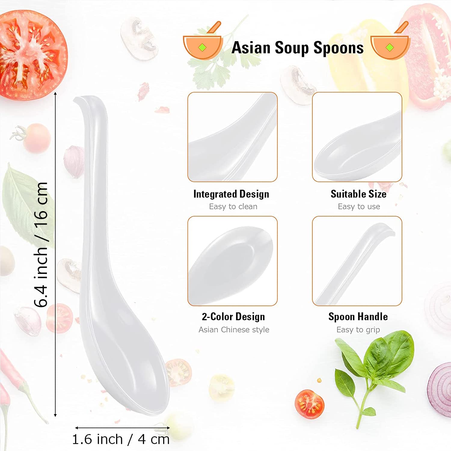 Comicfs Asian Soup Spoons 8 pieces, 8HSP-W, Large Japanese Soup Spoons, Soba Rice Pho Ramen Noodle Soup Spoons, Chinese Won Ton Soup Spoon, Hook Style (8 Spoons, White)