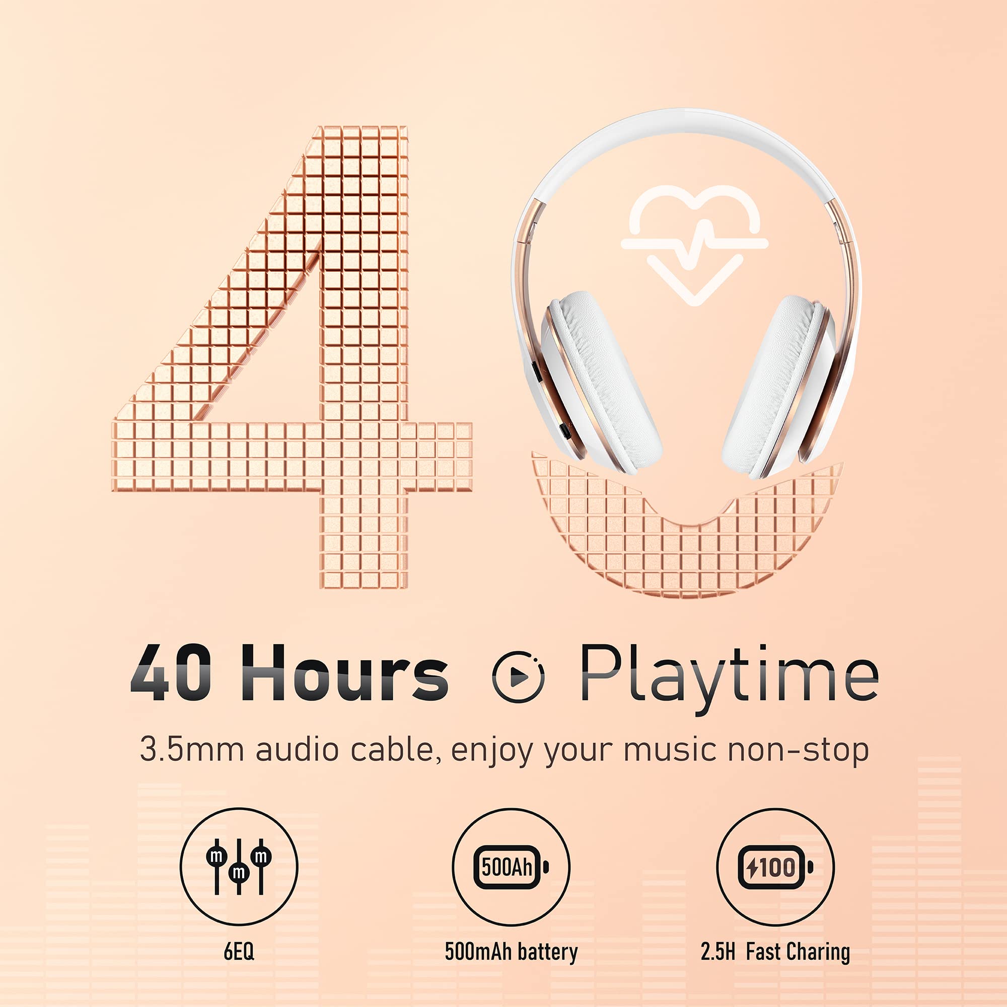 Bluetooth Headphones Over Ear, 6S Foldable Wireless Headphones with 6 EQ Modes, 40 Hours Playtime HiFi Stereo Headset with Mic, Soft Ear Pads, TF/FM for Cellphone/PC/Home (White & Gold)
