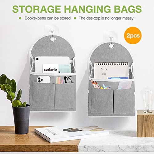 Ndeno 2 Pack Wall Hanging Organizer Bag with Pockets Fabric Storage Bag Basket Caddy Waterproof Over the Door Pouch Closet Shelves with Hook for Kitchen,Bedroom, Bathroom (Grey+Grey)