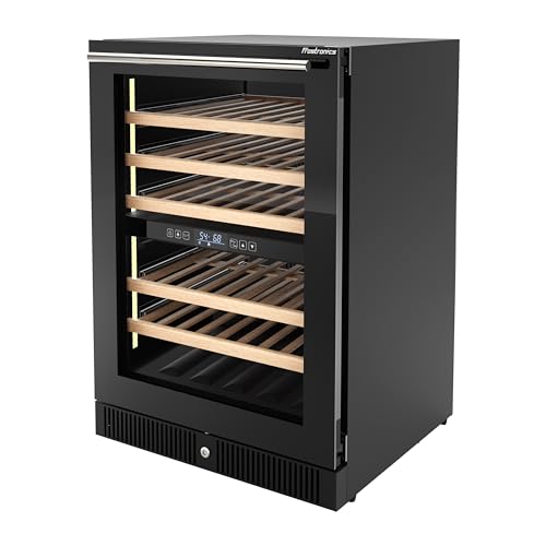 Frostronics 24 Inch Dual Zone Wine Refrigerator, 51 Bottles Under Counter Built-In or Freestanding Wine Cellar, Wine Cooler with Quiet Compressor Cooling and Reversible Glass Door, Fits Large Bottle