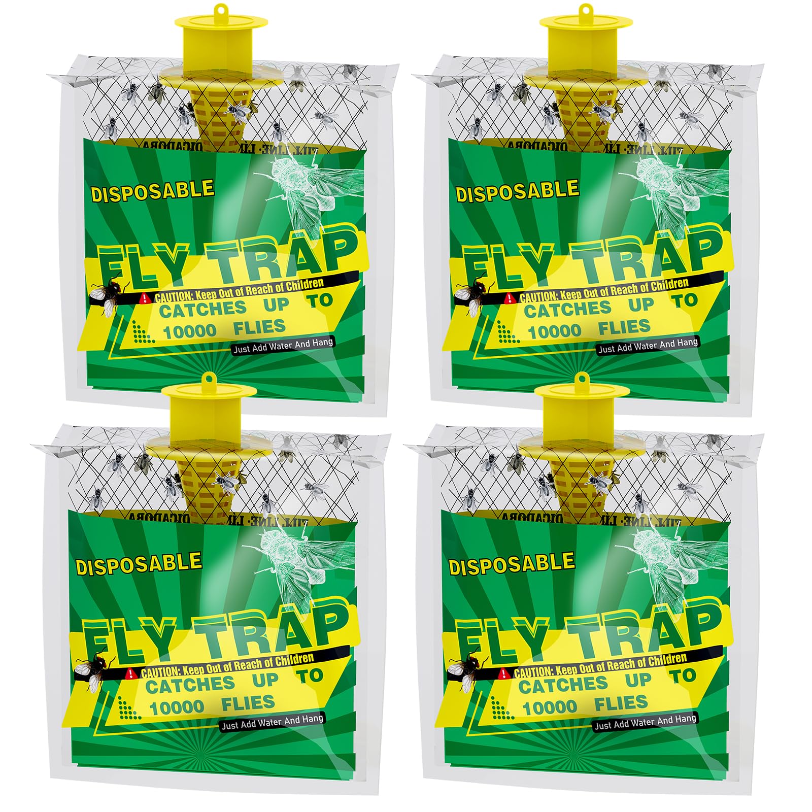 Fly Trap, 4 Pack Hanging Fly Traps Outdoor Home, Disposable Fly Catcher Outdoor with Premium Fly Bait, Pet Safe Pest Control, Flying Insect and Horse Fly Traps Outdoor for Backyard, Patio & Camping