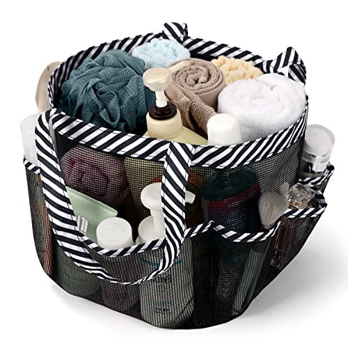 Ndeno Mesh Shower Caddy 8 Pockets Portable, Hanging Portable Toiletry Bag Tote for Men and Women, Quick Dry Bath Organizer Dorm Room Essentials for Beach, Camp, Travel (1pcs, Black Strips)