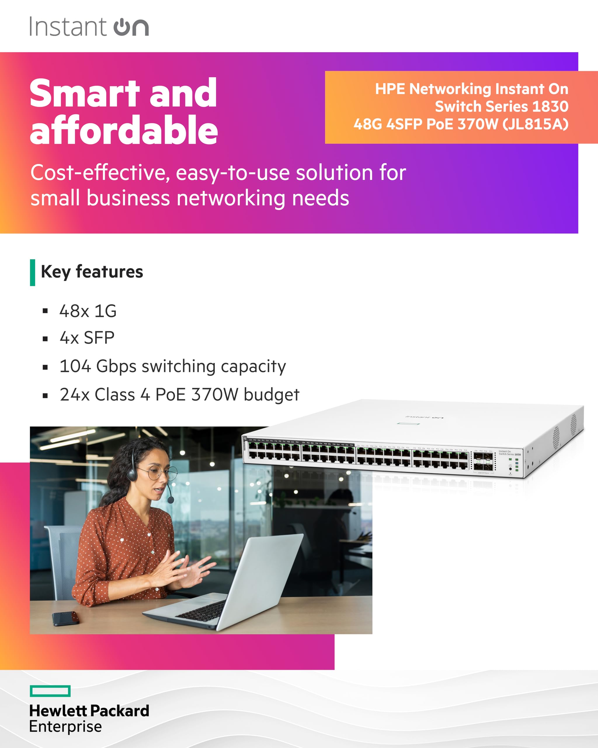 HPE Networking Instant On Switch Series 1830 48-Port Gb Smart-Managed Layer 2 Ethernet Switch with PoE | 48x 1G | 4X SFP | 24x CL4 PoE (370W) | Fan-Less | US Cord (JL815A#ABA)