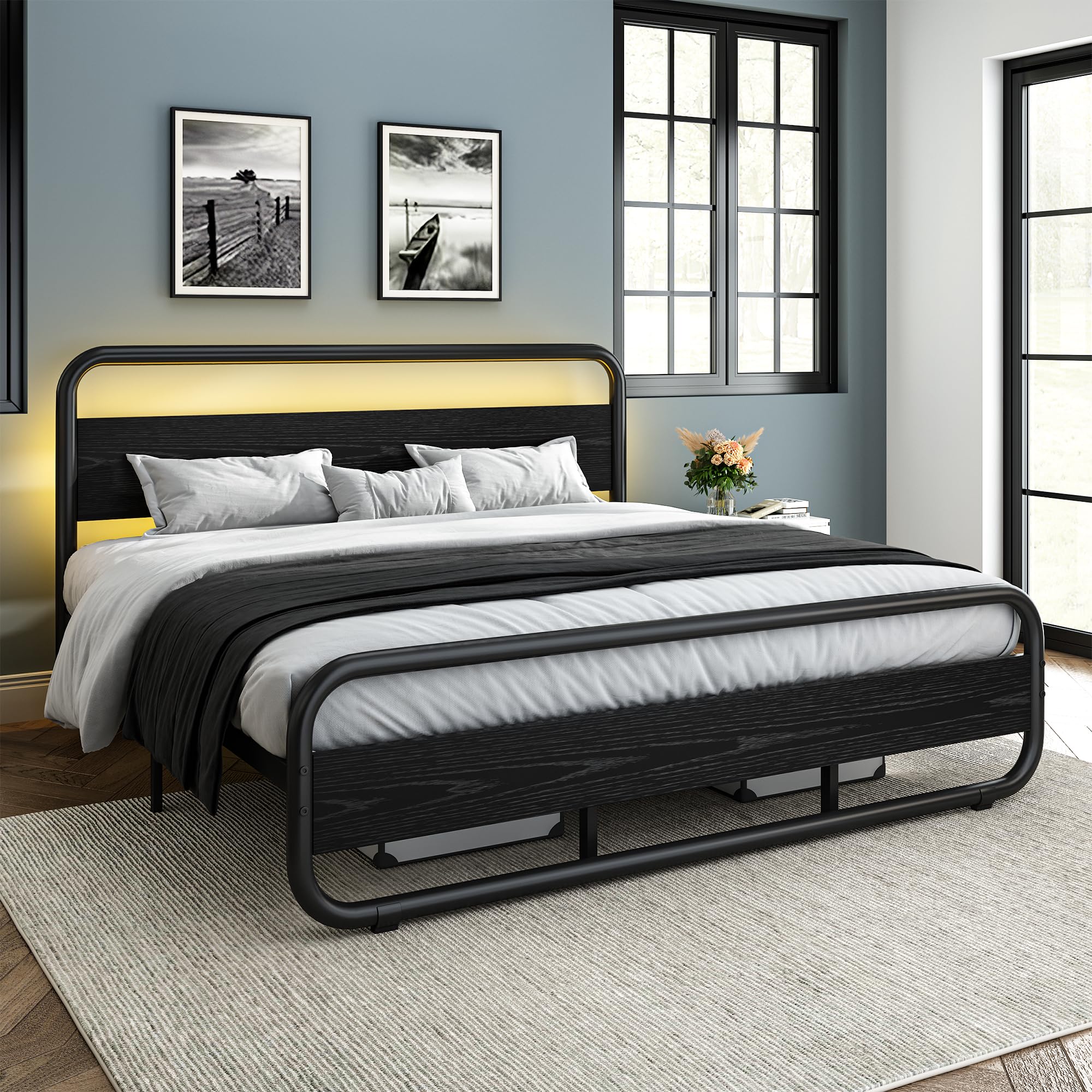 Catrimown King Size Bed Frame, Metal King Bed Frame with LED Headboard, Rustic Industrial Heavy Duty Wooden Platform Bed Frame with Under Bed Storage, Noise Free, No Box Spring Needed, Black