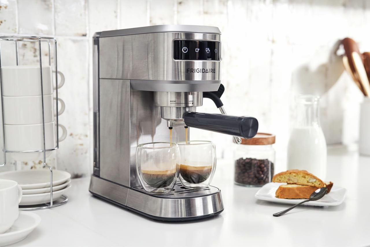 Frigidaire 20 Bar Small Espresso Machine with Milk Frother and Tamper - Makes Cappuccinos, Lattes, and More, Stainless Steel