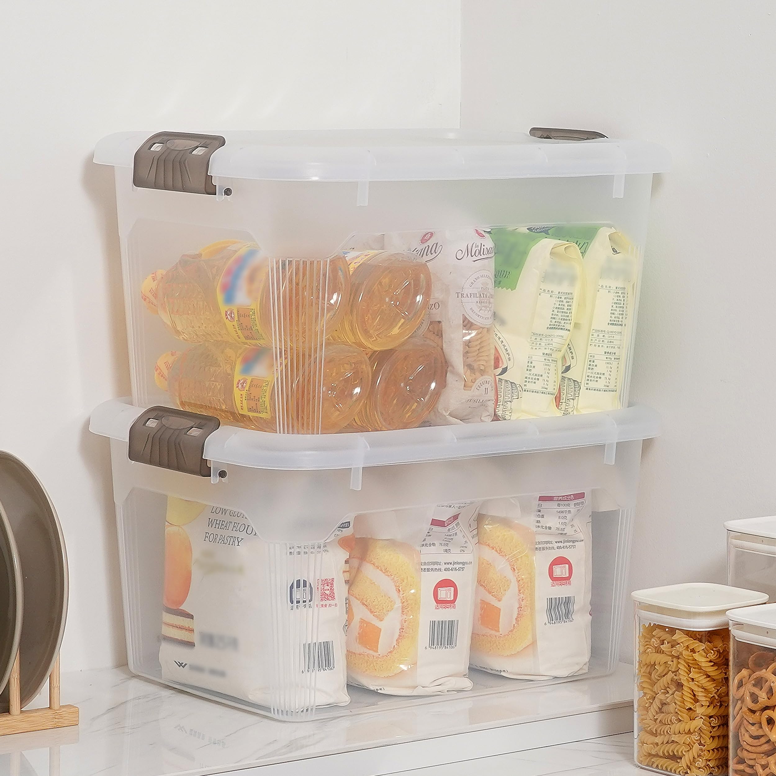 Citylife 33 QT Plastic Storage Bins with Secure Lids Stackable Storage Containers with Grey Latches Pack of 4 Clear Storage Box for Organizing Closet, Garage
