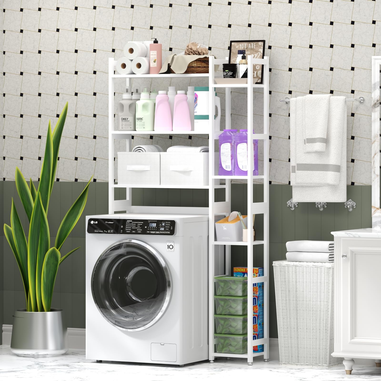 MOGELAFOO Over The Toilet Storage with 7 Shelves and 2 Drawers, Freestanding Bamboo Bathroom Organizer with Adjustable Shelf, Space-Saving Storage Rack for Laundry Room, Restroom, White