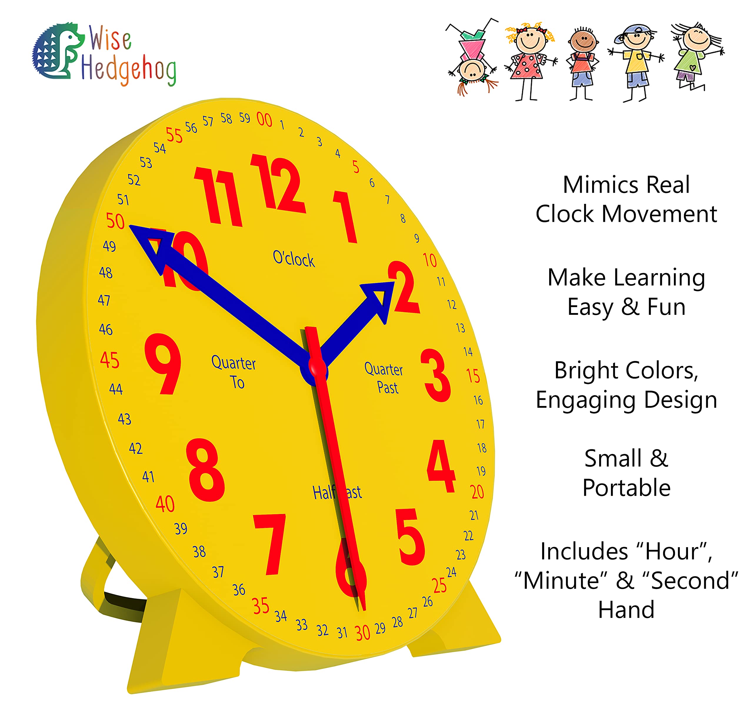 WISE HEDGEHOG Kids Telling Time Practice Learning Clock, 4 Inch Size Teaching Handheld Analog Clock, Geared Movement Makes Fingers Move Like Real Clocks, for School Classrooms and Homeschool Supplies
