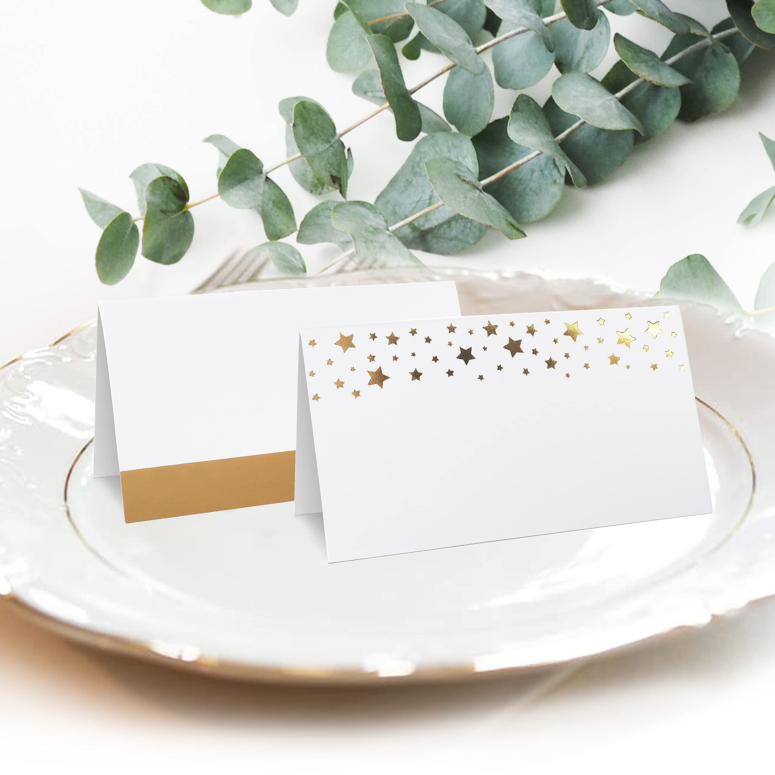 CLEVER SIGNS Gold Place Cards for Wedding or Party, 100 Pack, 2" X 3.5, Double Design, Gold Foil Stars and Line, Scored for Easy Folding, Place Cards for Table Setting, Seating Place Cards for Tables