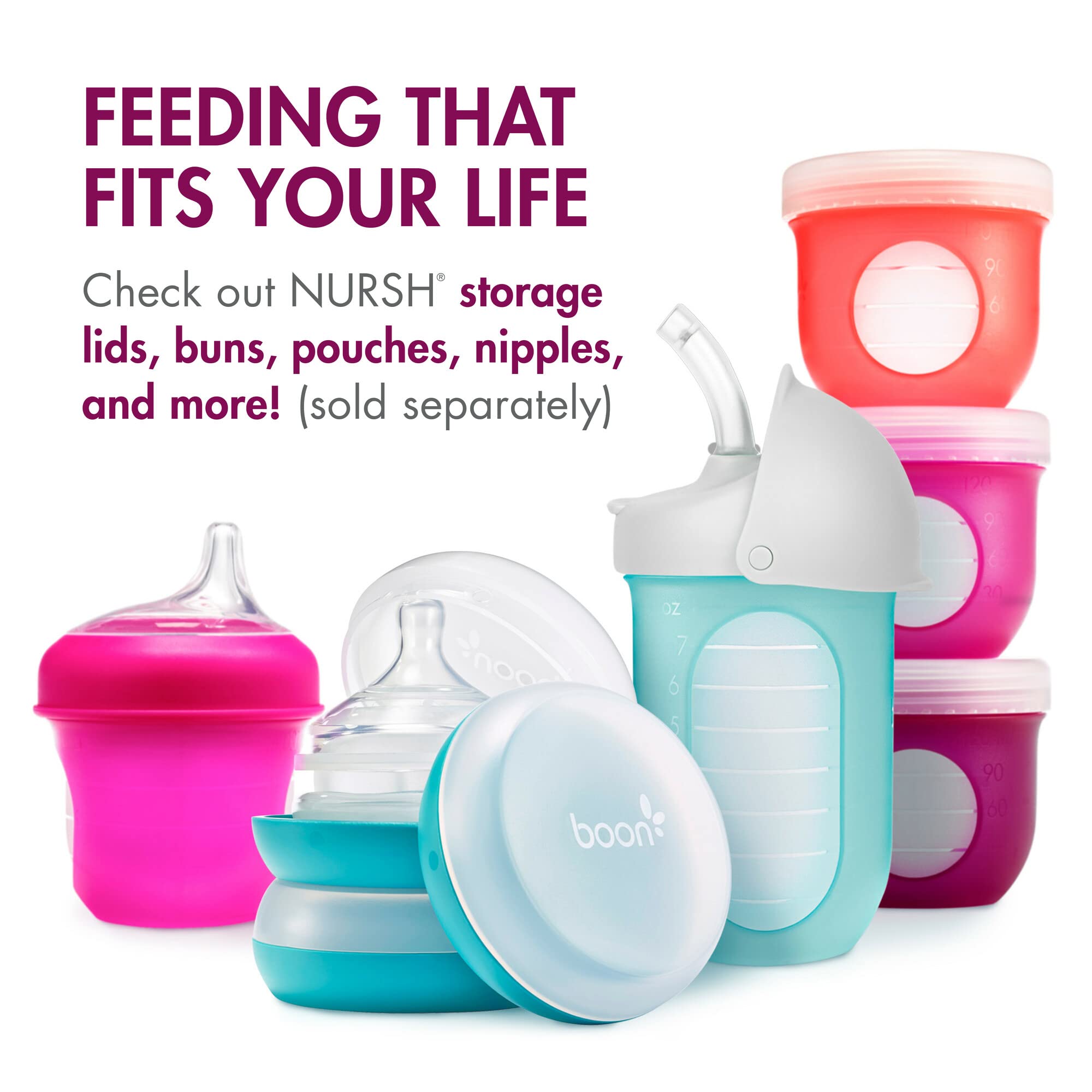 Boon Nursh Reusable Silicone Baby Bottles with Collapsible Silicone Pouch Design - Everyday Baby Essentials - Stage 2 Medium Flow Baby Bottles - Pink - 8 Oz - 3 Count