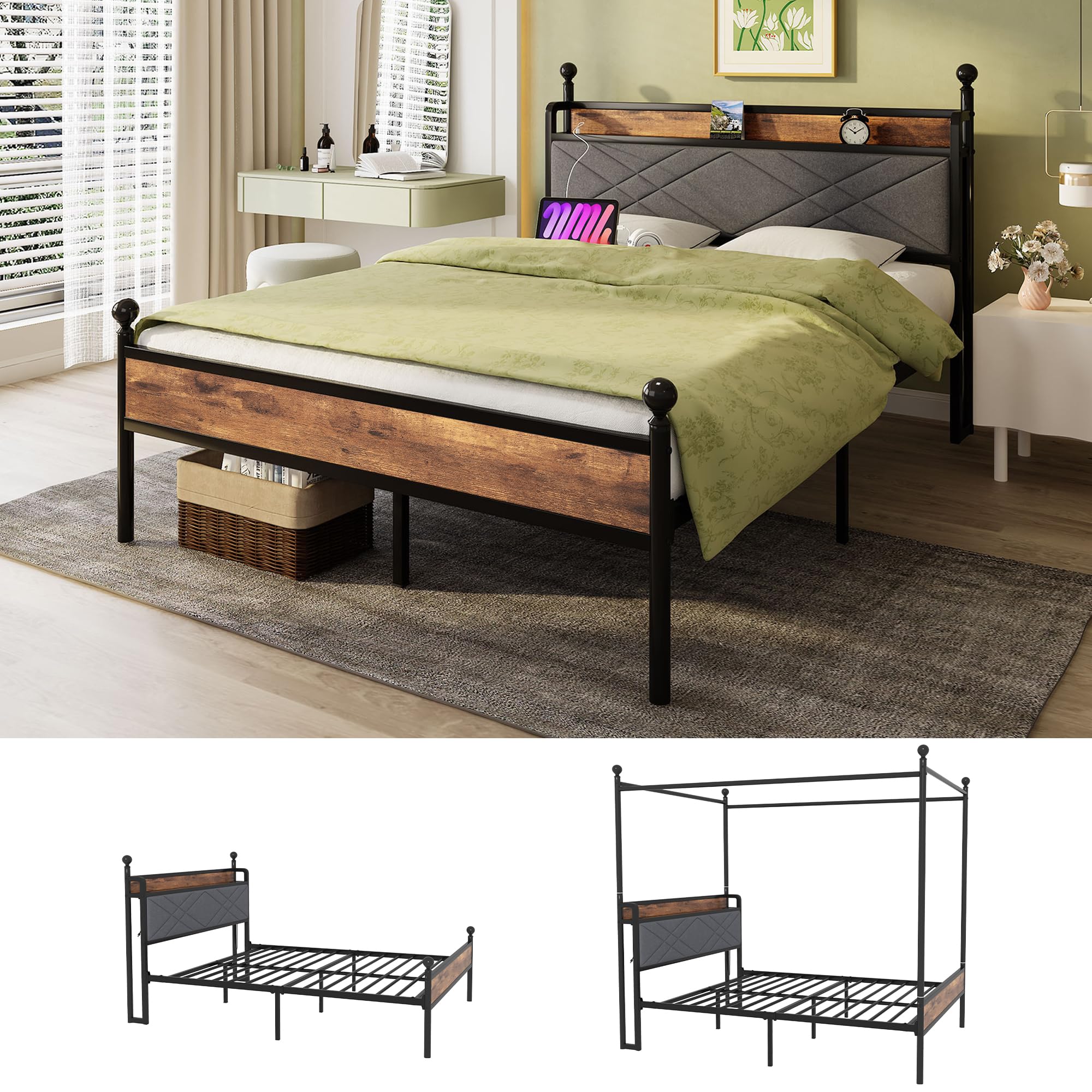 Bigbiglife Dual-Purpose Canopy Bed Frame, Bed Frame with Upholstered Headboard, Headboard with Storage Shelf and Charging Station, No Box Spring Needed, Queen Size