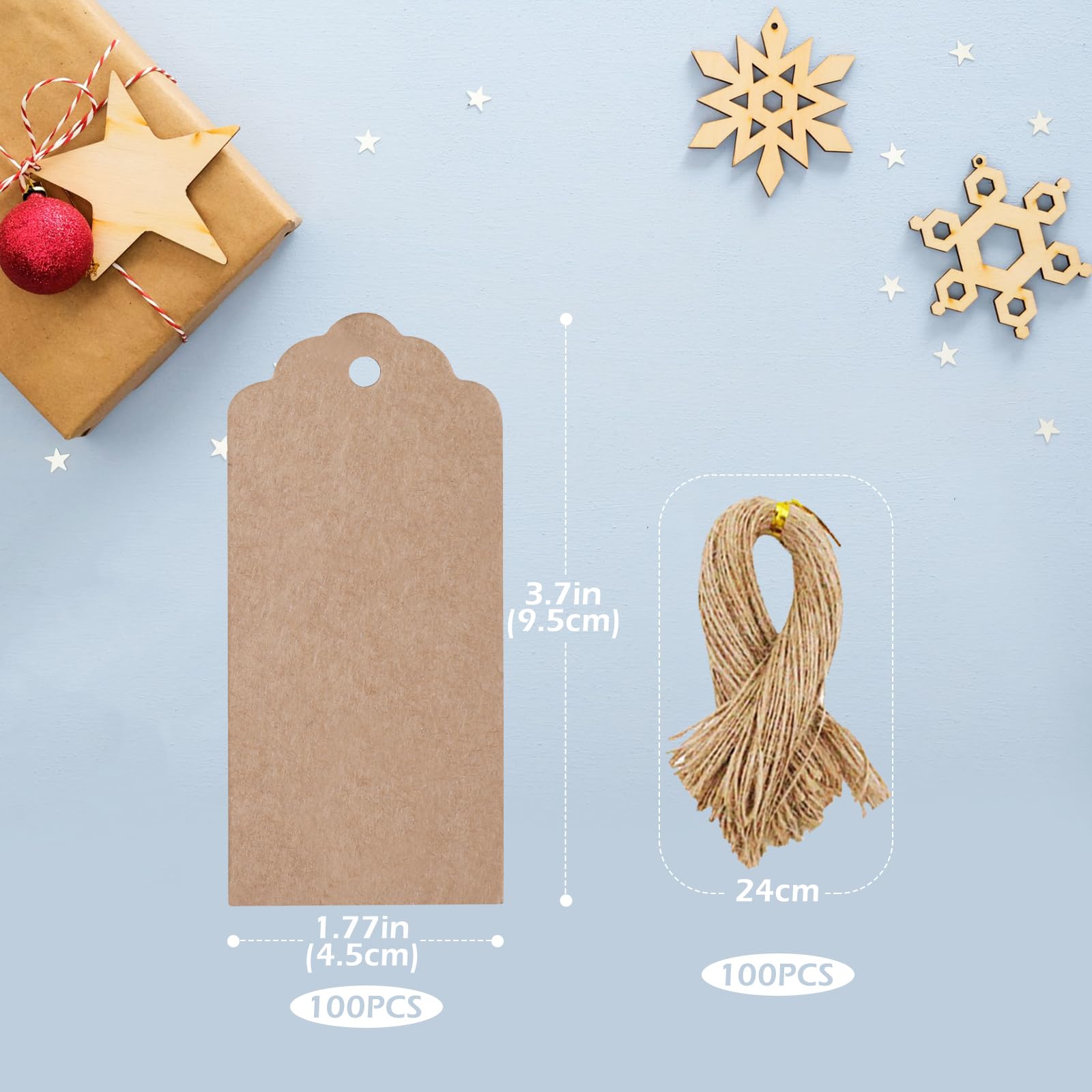 GeeRic 100 Pcs Tags, Blank Wrapping Tags, Kraft Paper Tags Hanging Name Labels with Twine, Wedding, Birthday, DIY, Cookies Black