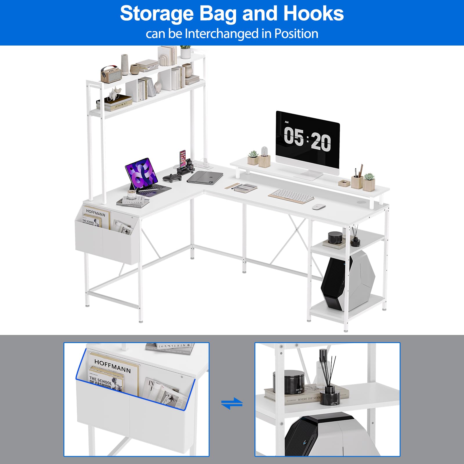 Jojoka L Shaped Computer Gaming Desk with LED Lights & Power Outlets, 67" Reversible Large L-Shaped Desk with Monitor Stand & Storage Shelves (White)