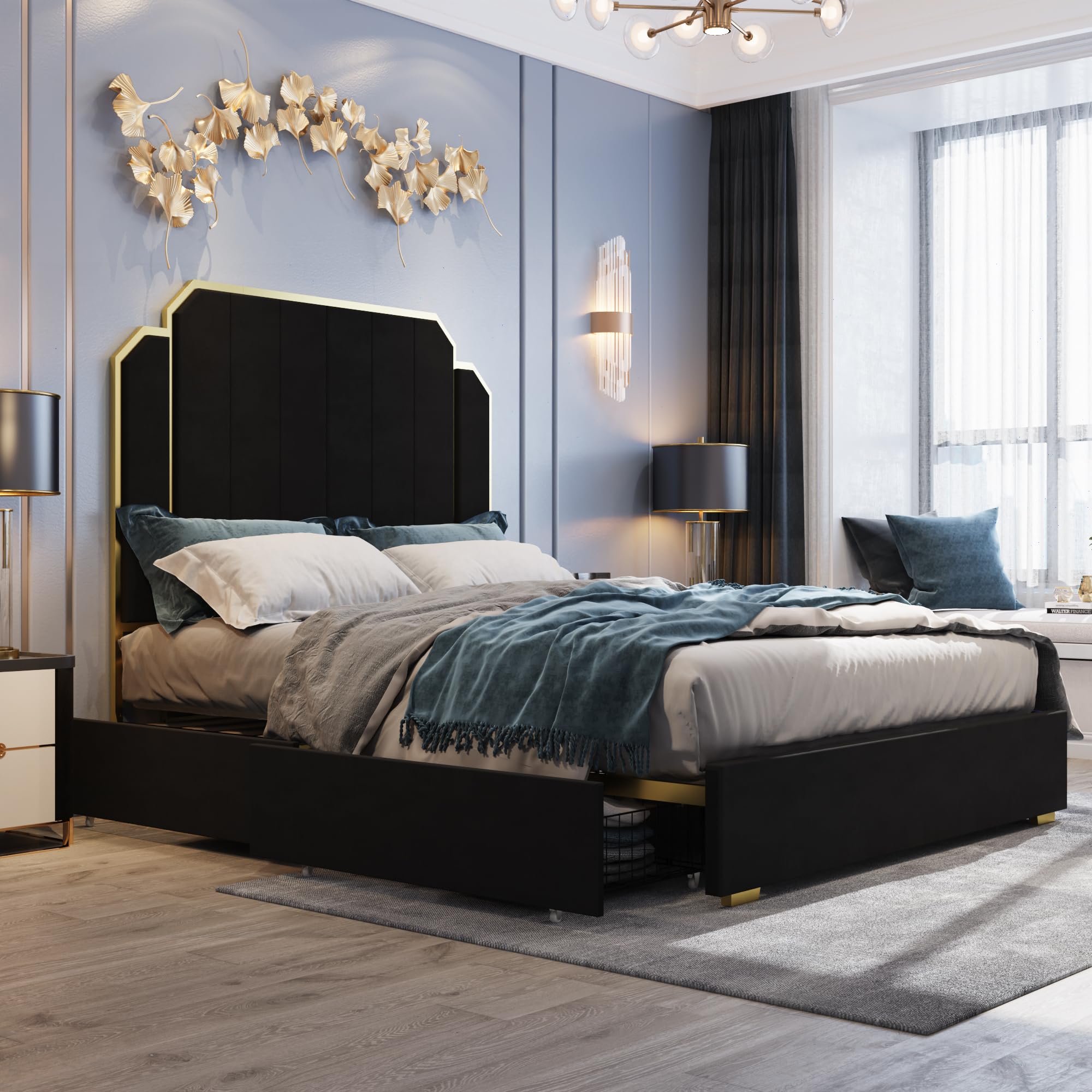 FSTAR Queen Size Bed Frame with Storage Drawers - High Headboard Upholstered Bedframe in Plush Velvet with Gold Accents (Beige Cream, Queen)