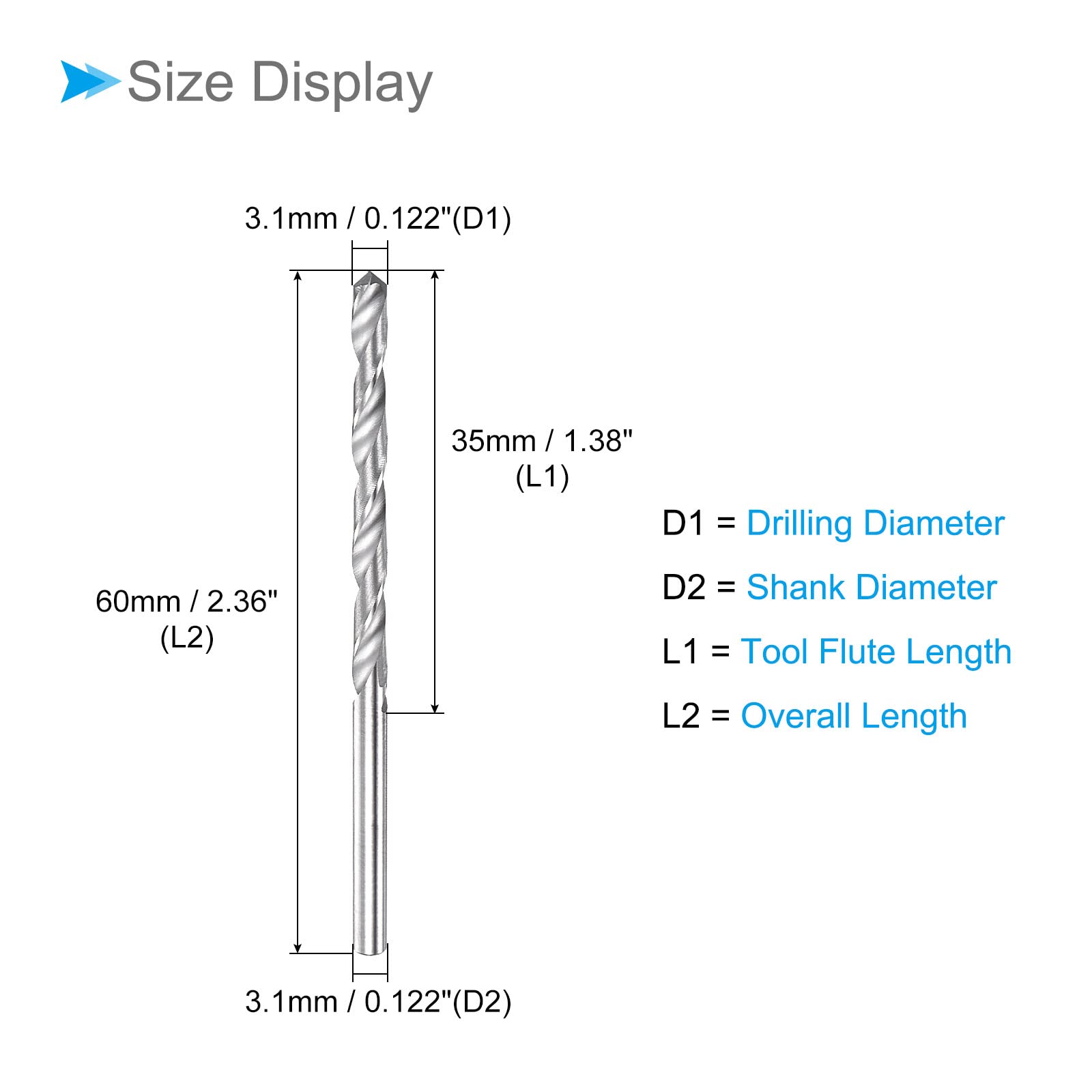 CoCud Solid Carbide Drill Bits, 3.1mm Diameter, K35 Tungsten Carbide Straight Shank Twist Drill Bits - (Applications: for Stainless Steel Alloy), 1-Piece