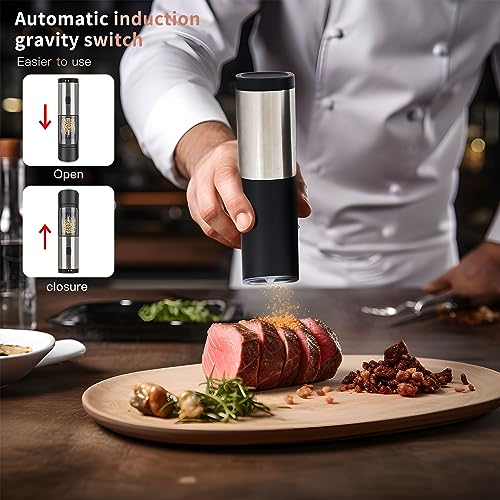 PwZzk Battery Operated Gravity Electric Salt And Pepper Grinder Mill Set With White Light Stainless Steel One Hand Automatic Operation Refillable With Adjustable Coarseness (Black&white,2 Pack)