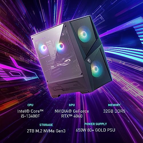 MSI Codex R Gaming Desktop: Intel Core i5-13400F, RTX 4060, 32GB DDR5, 2TB M.2 NVMe Gen3, RGB Fan Cooling, 650W 80+ Gold, Keyboard & Mouse, DIY Friendly, Windows 11 Pro: 13NUC5-068US